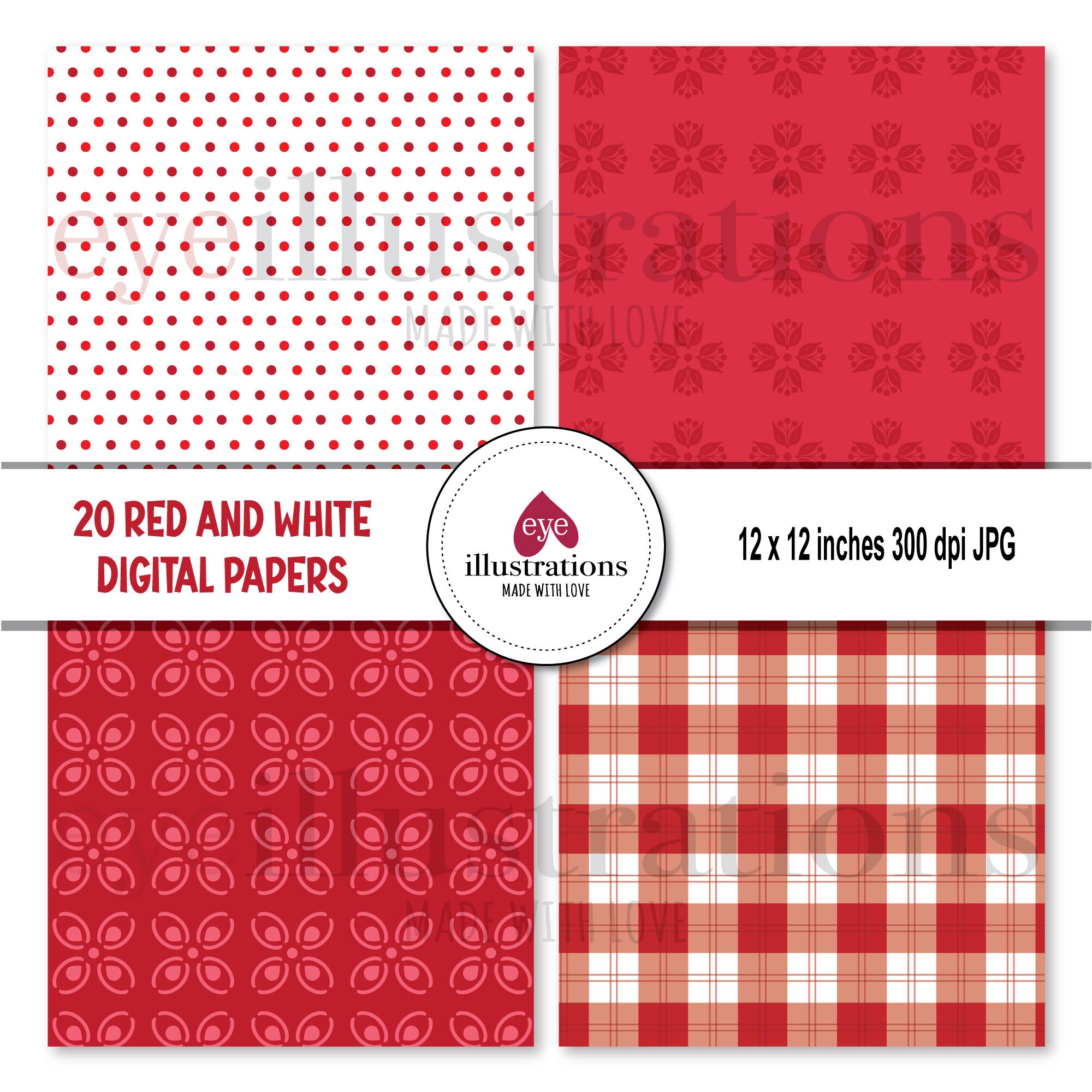 Red and White Gingham Digital Paper Pack, Farmhouse Cottage Digital ...