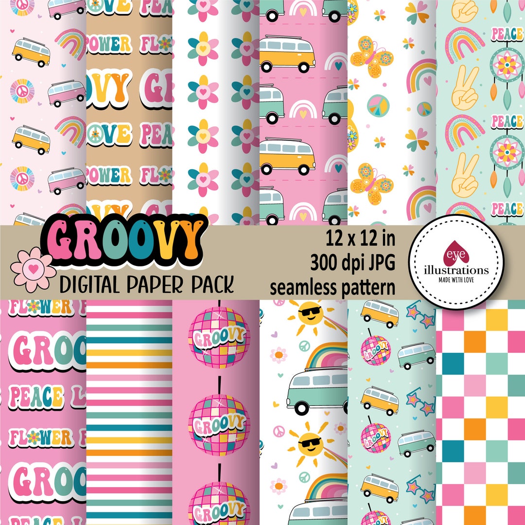 Groovy Retro Digital Paper Pack: Rainbow, Flowers (digital Download) - Etsy