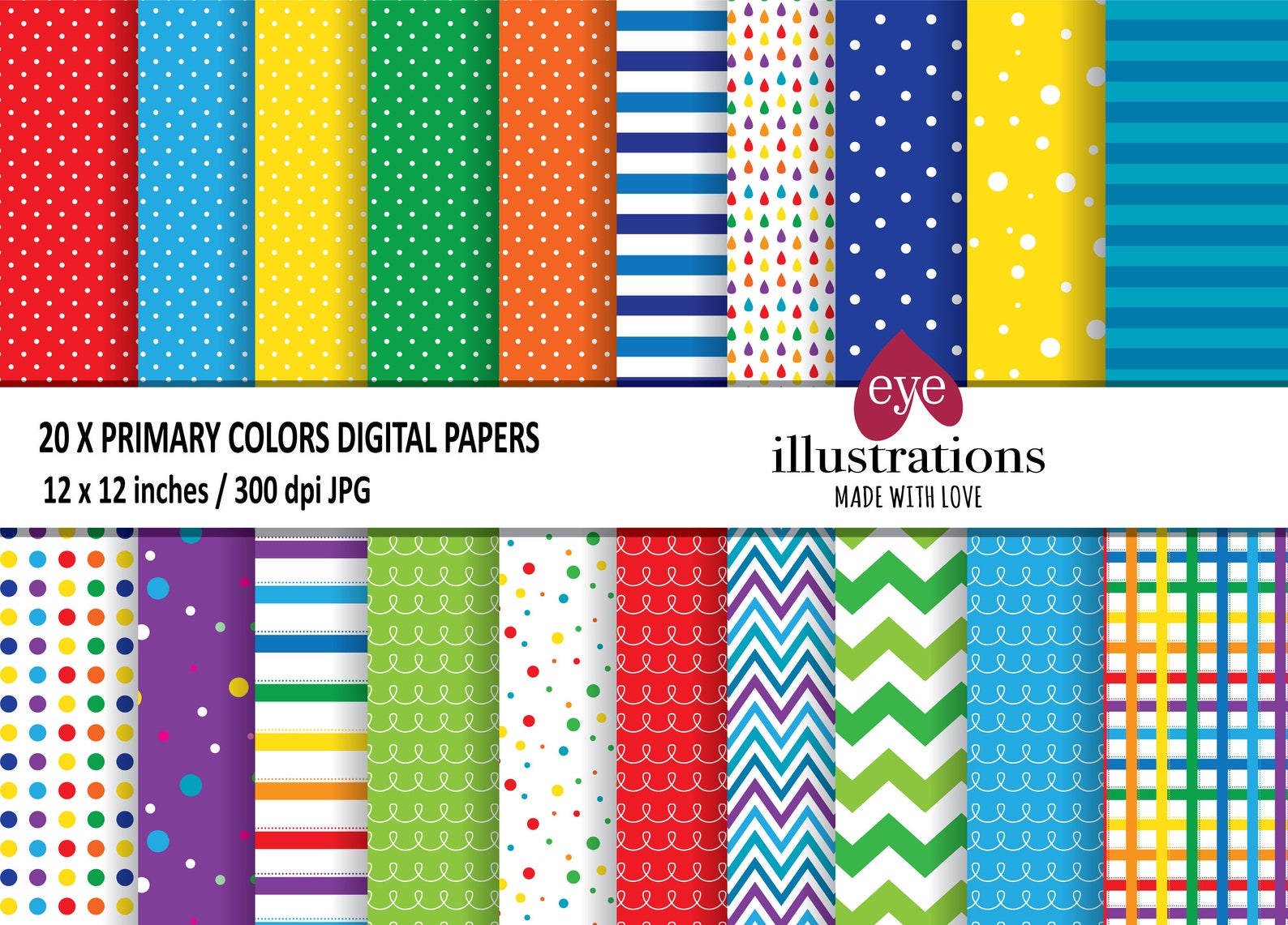 Primary Colors Digital Paper Pack, Polka Dots Digital Papers, Colorful ...
