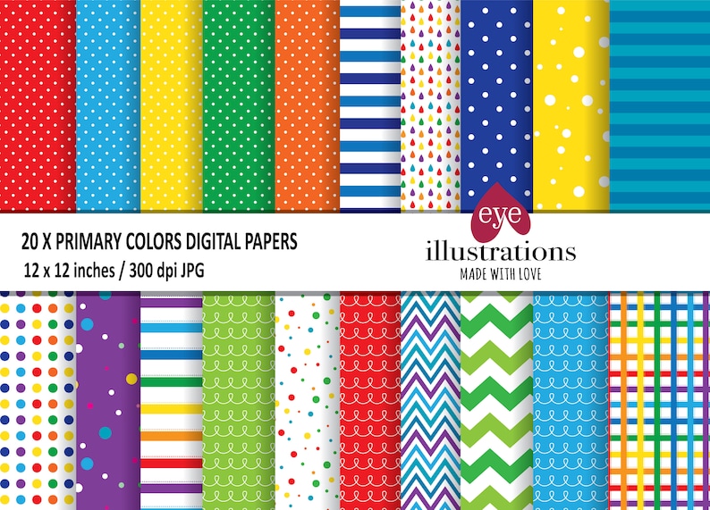 Primary Colors Digital Paper Pack, Polka Dots Digital Papers, Colorful ...