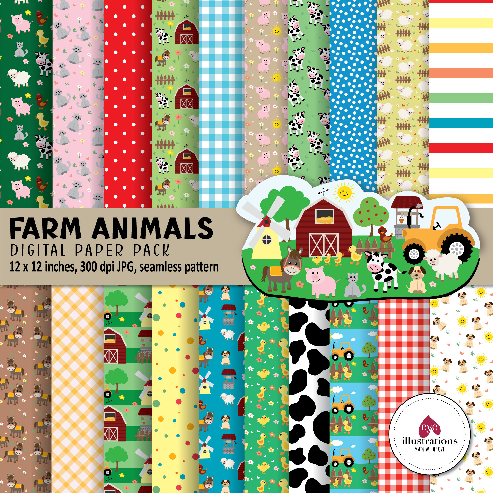 Farmhouse and Animals Digital Paper, Farm Backgrounds, Farm Digital ...