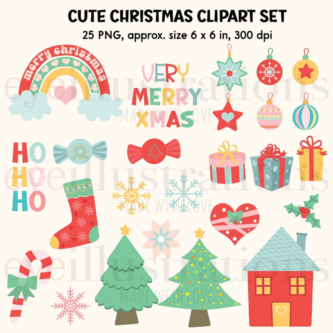 Cute Christmas Clipart Set, Cute Holiday Clip Art, Christmas Printables ...