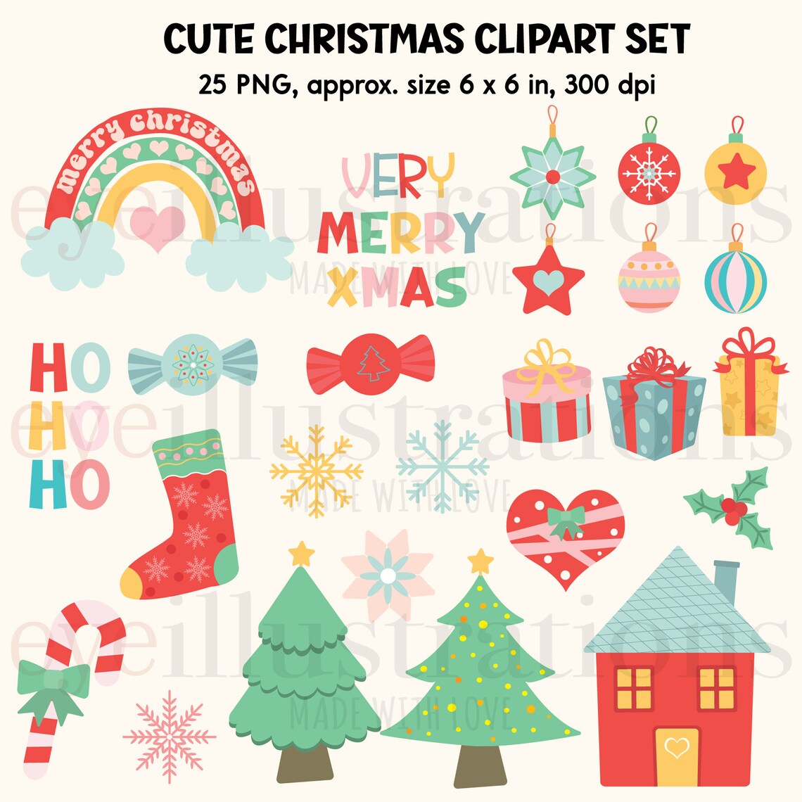 Cute Christmas Clipart Set, Cute Holiday Clip Art, Christmas Printables ...