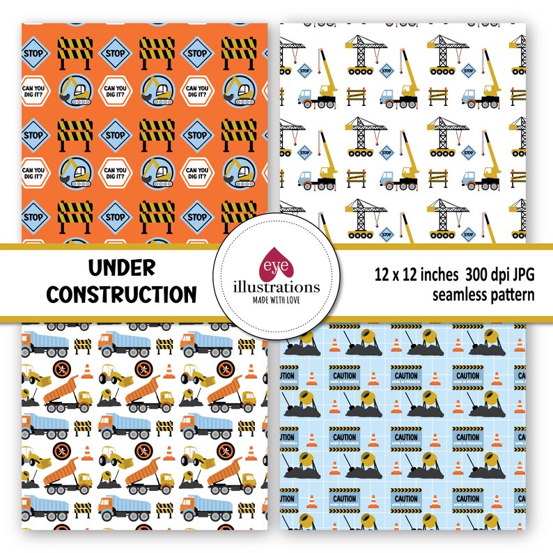 Under Construction Digital Paper Pack With Trucks, Cranes, Diggers and ...
