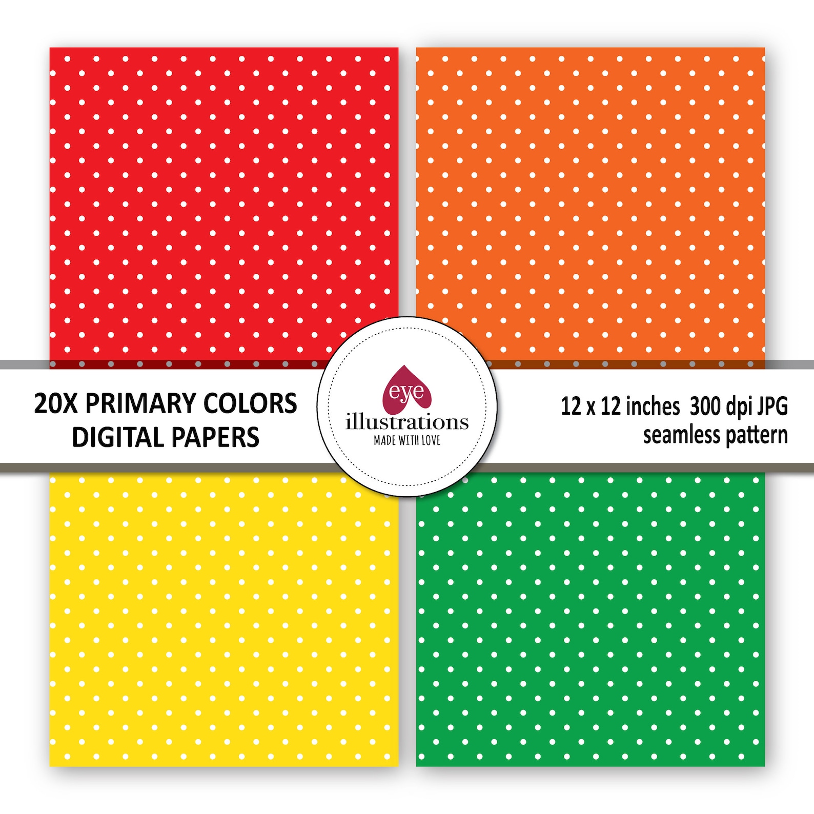 Primary Colors Digital Paper Pack, Polka Dots Digital Papers, Colorful ...