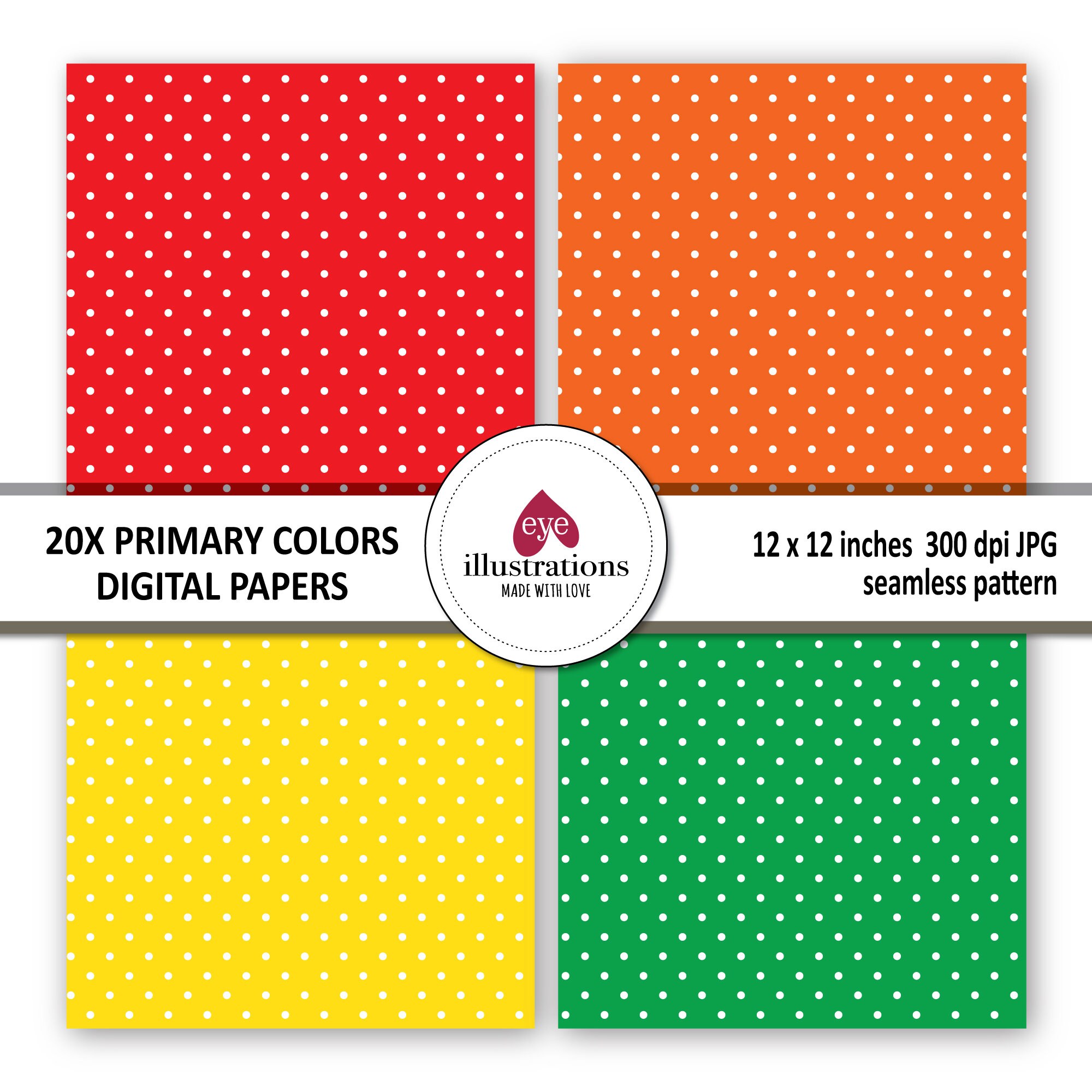 Primary Colors Digital Paper Pack, Polka Dots Digital Papers, Colorful ...