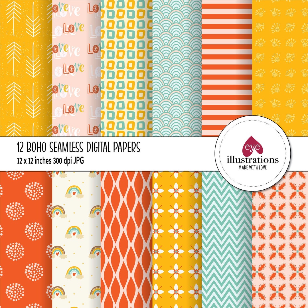 12 Boho Seamless Digital Papers, Cute Boho Seamless Patterns, Boho ...