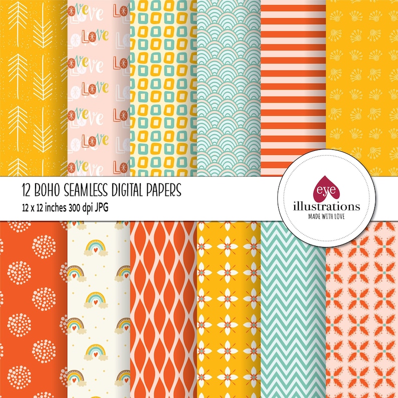 12 Boho Seamless Digital Papers, Cute Boho Seamless Patterns, Boho ...