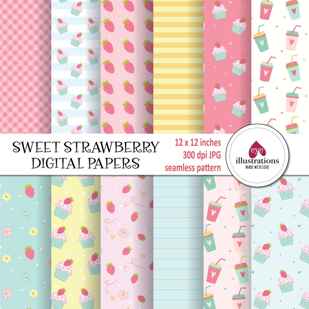 12 Pastel Strawberry Digital Papers, Strawberry Digital Print, Cupcake ...