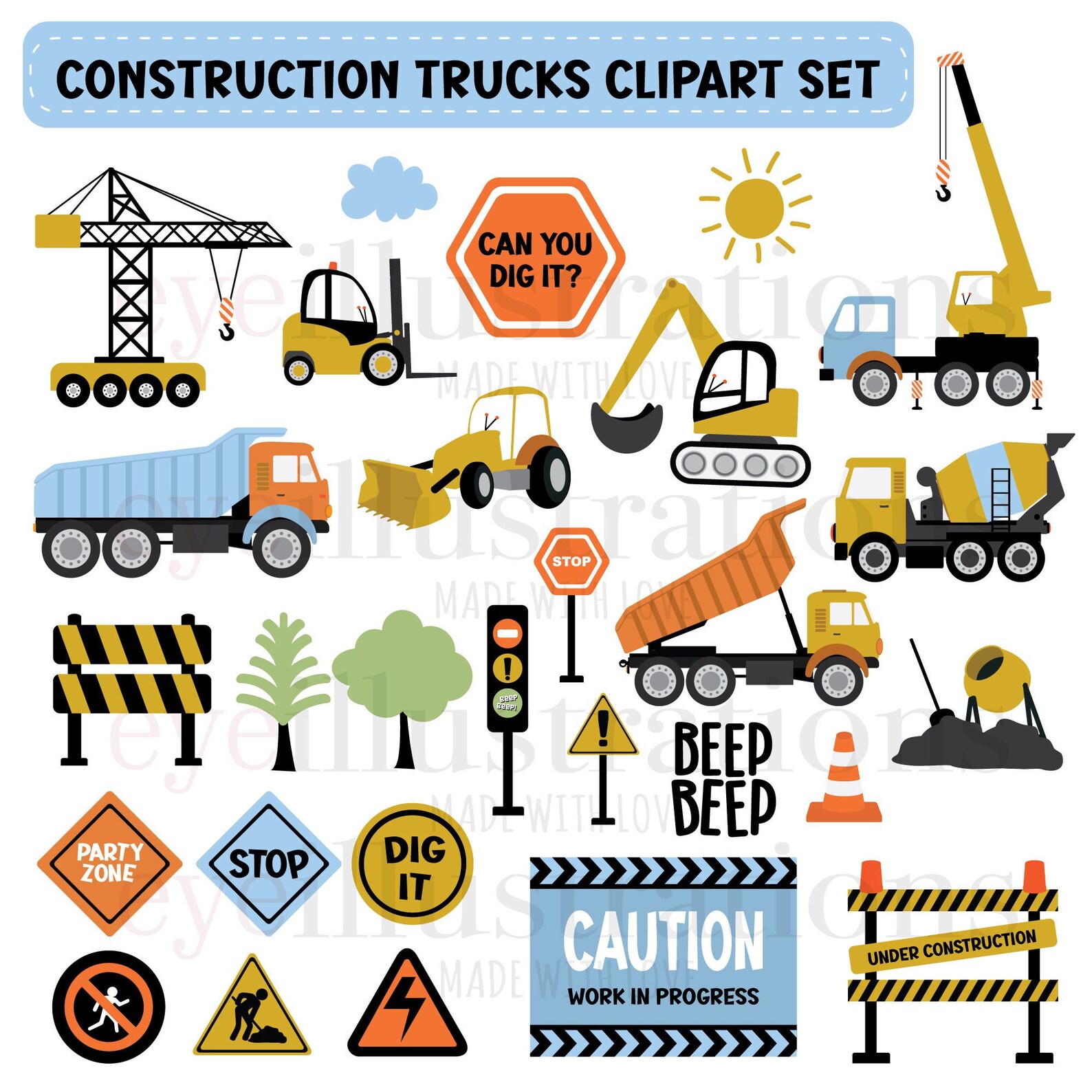 Construction Clipart Set, Cranes, Diggers, Trucks, Bulldozers and ...