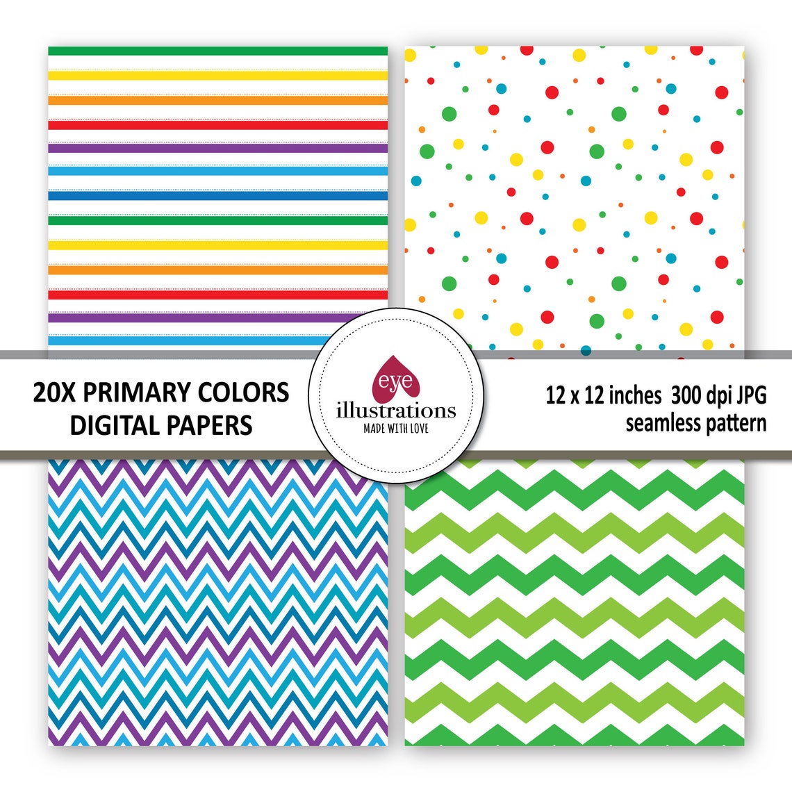 Primary Colors Digital Paper Pack, Polka Dots Digital Papers, Colorful ...