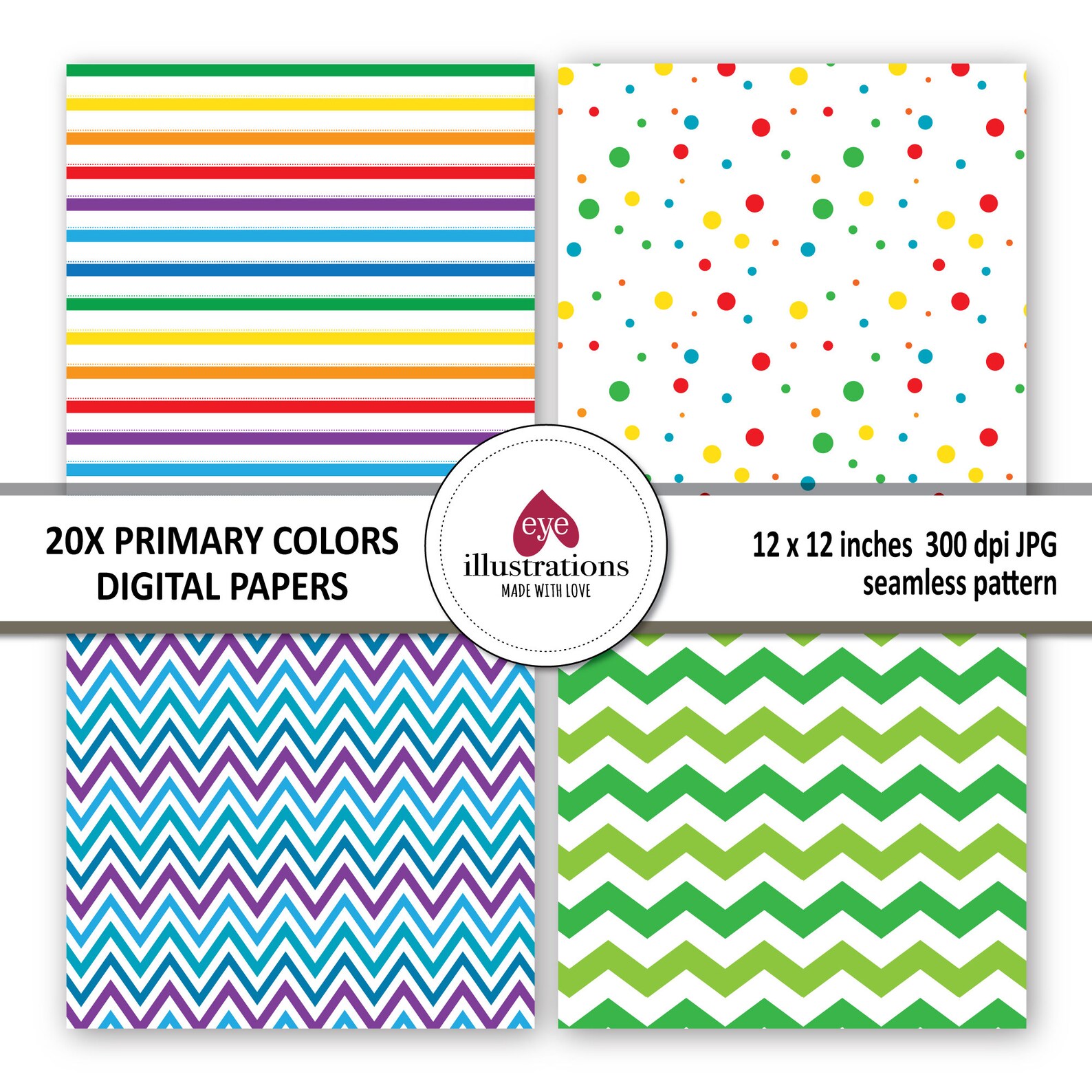 Primary Colors Digital Paper Pack, Polka Dots Digital Papers, Colorful ...