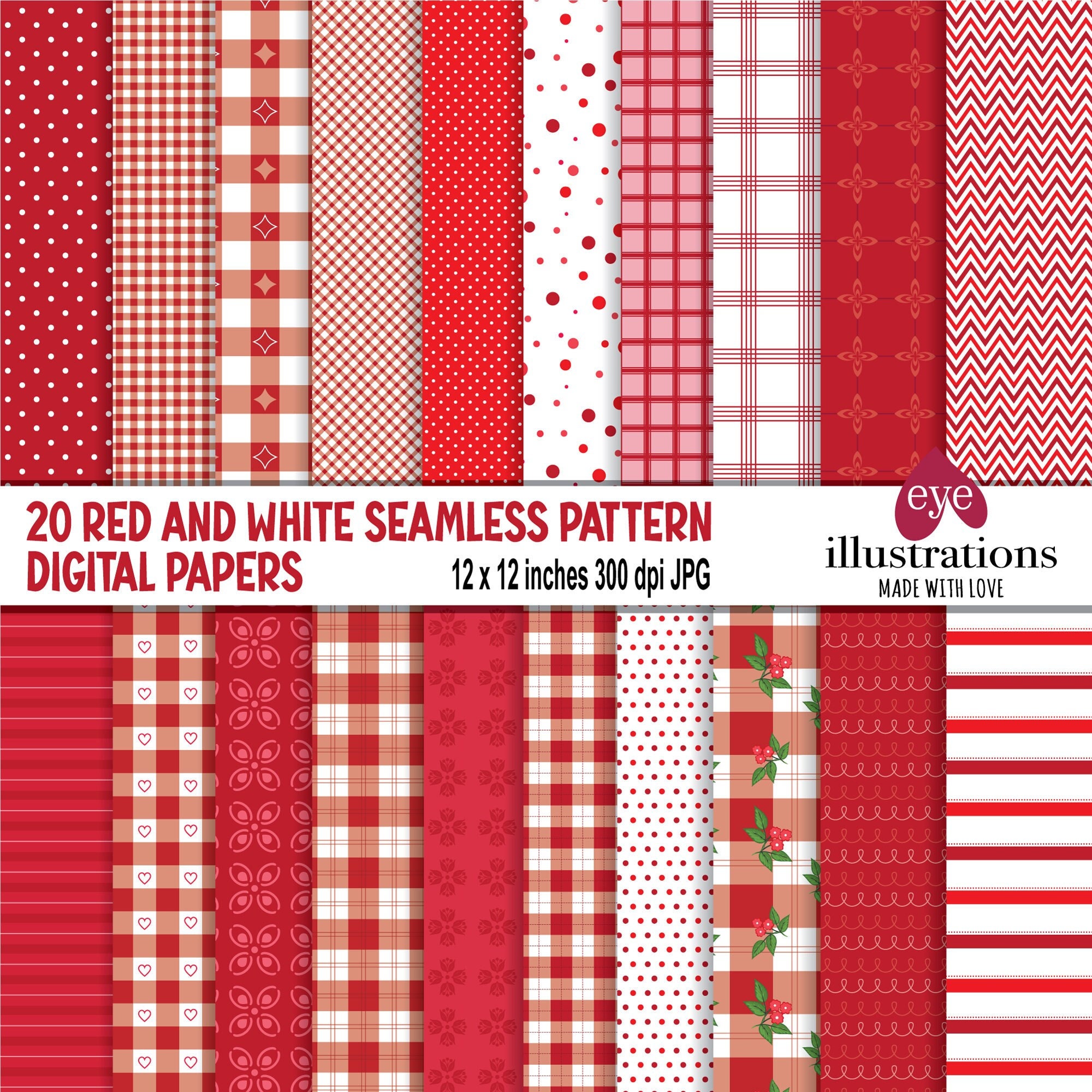 Red and White Gingham Digital Paper Pack, Farmhouse Cottage Digital ...