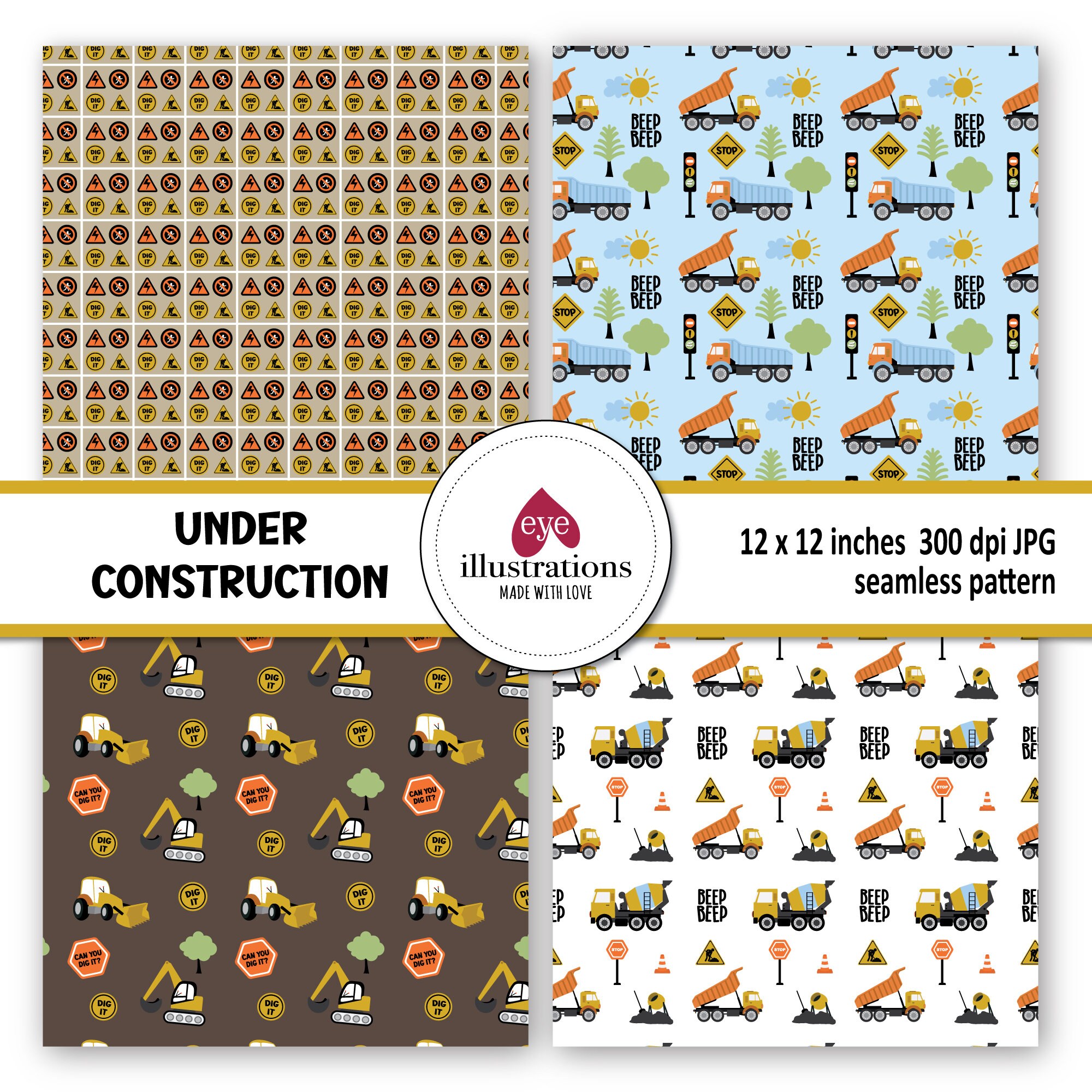 Under Construction Digital Paper Pack With Trucks, Cranes, Diggers and ...