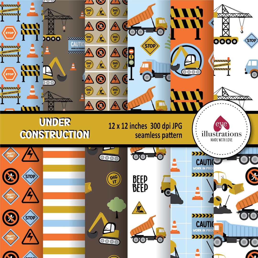 Under Construction Digital Paper Pack With Trucks, Cranes, Diggers and ...
