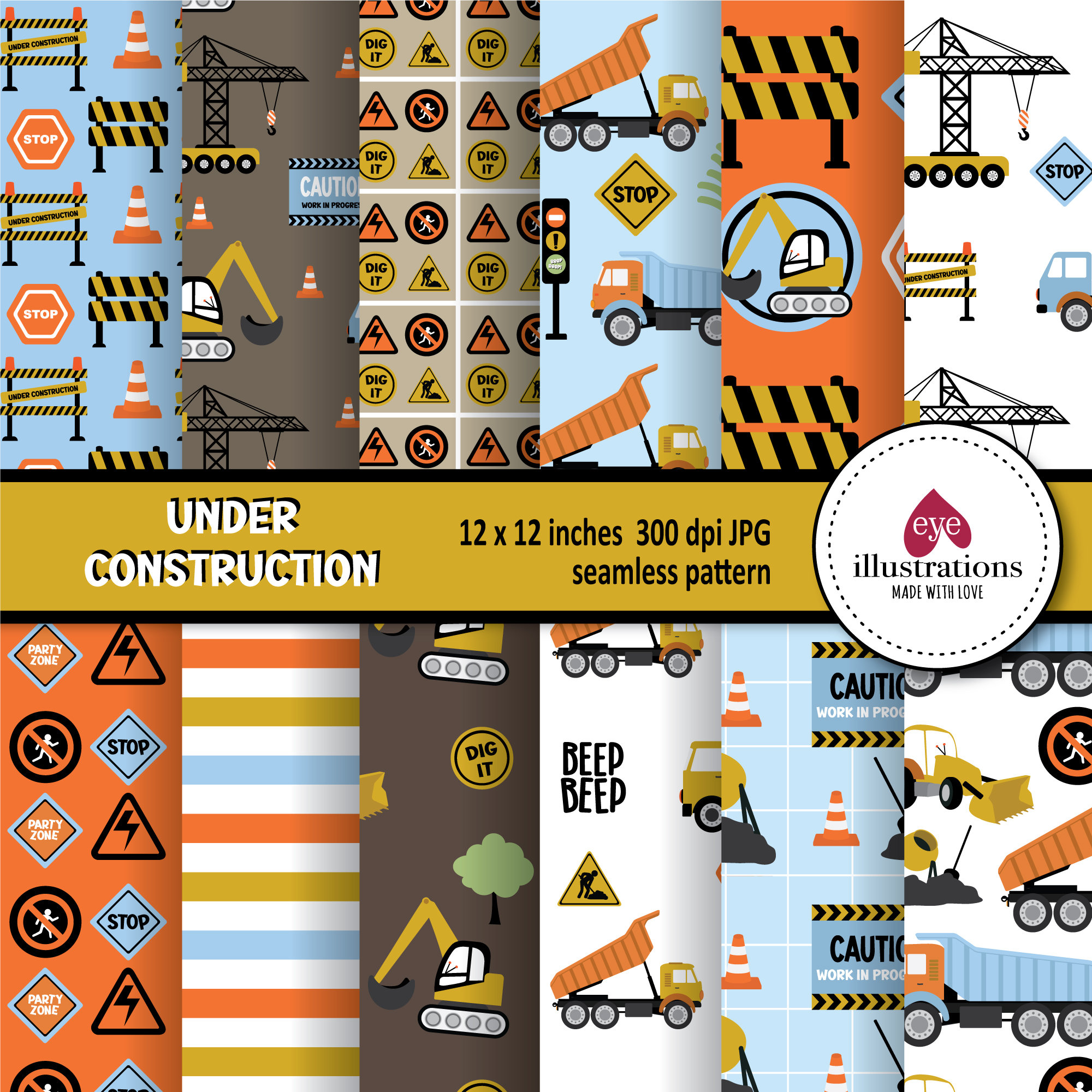 Under Construction Digital Paper Pack With Trucks, Cranes, Diggers and ...