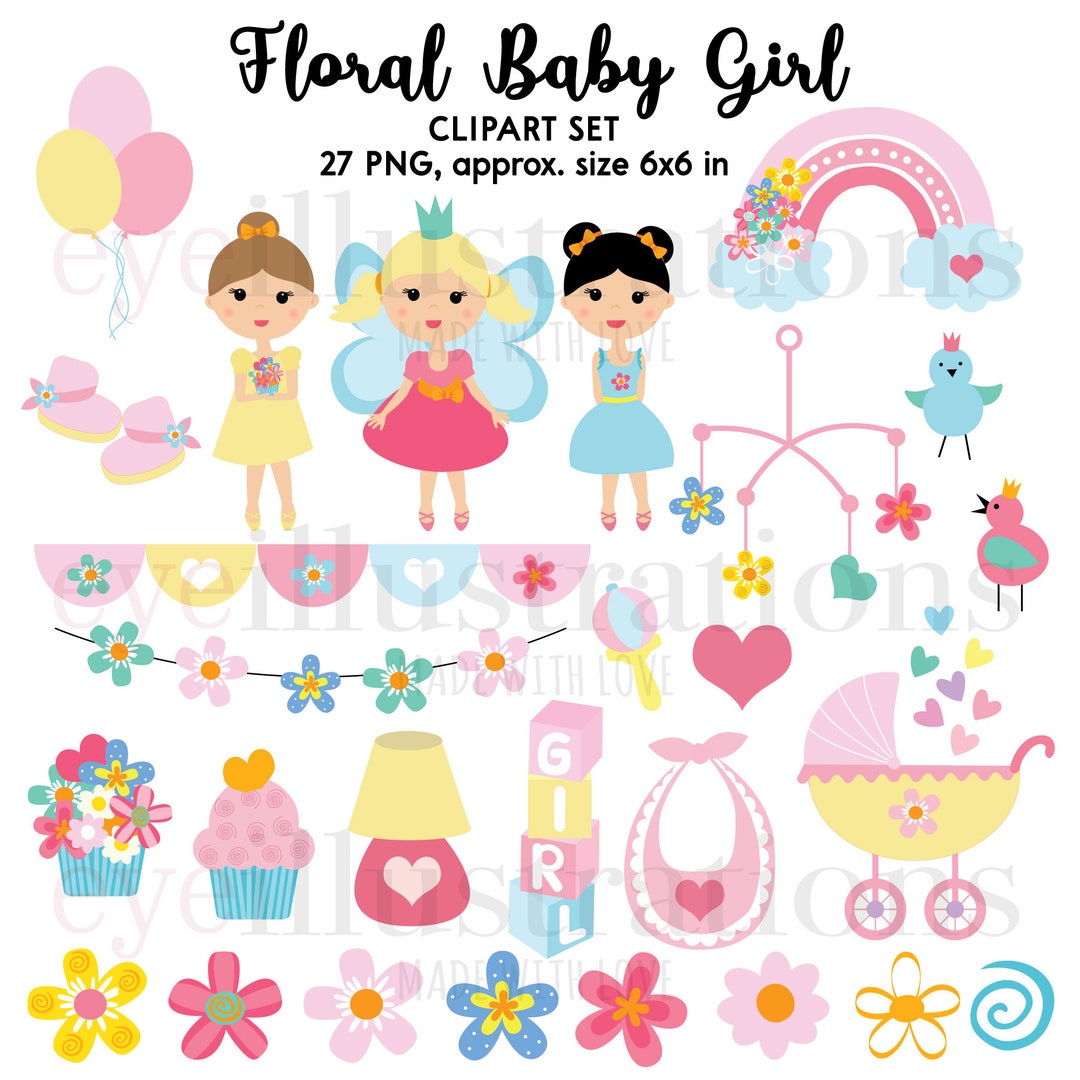 Little Girl Clipart, Baby Girl Nursery PNG, Floral Baby Shower Girl ...