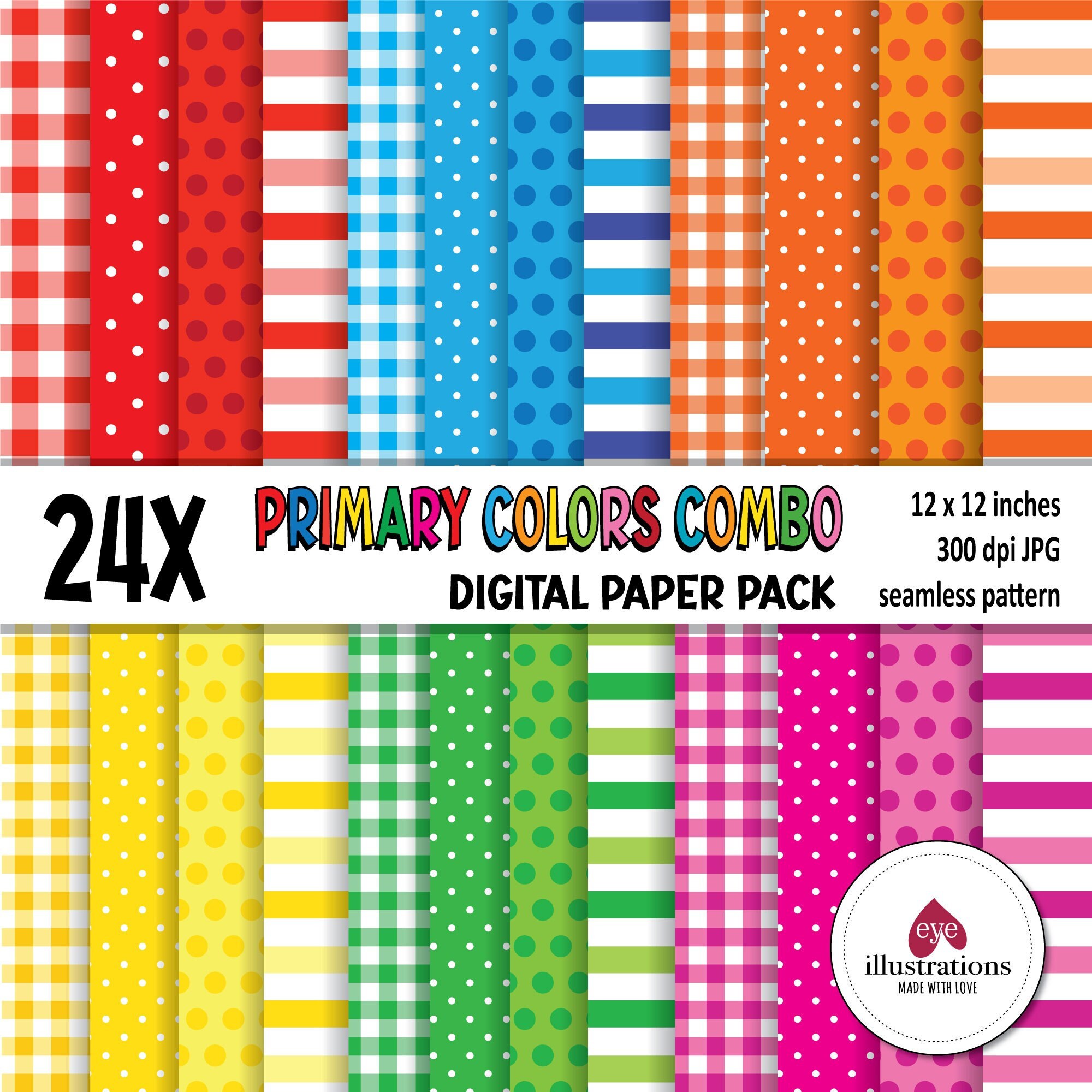 Primary Color Combination Digital Paper Pack, Polka Dots Digital Papers ...