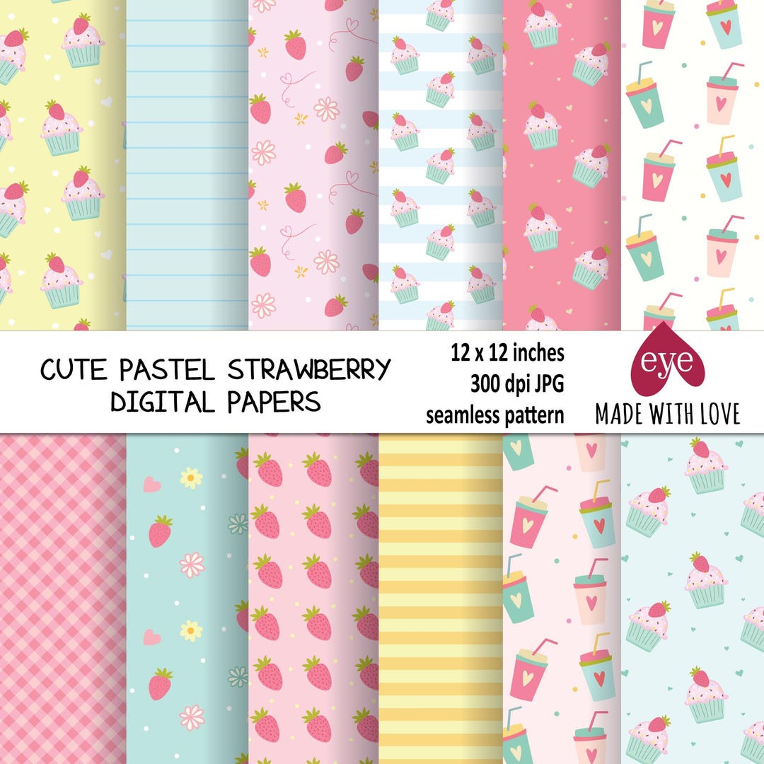 12 Pastel Cute Strawberry Digital Papers, Strawberry Digital Print ...
