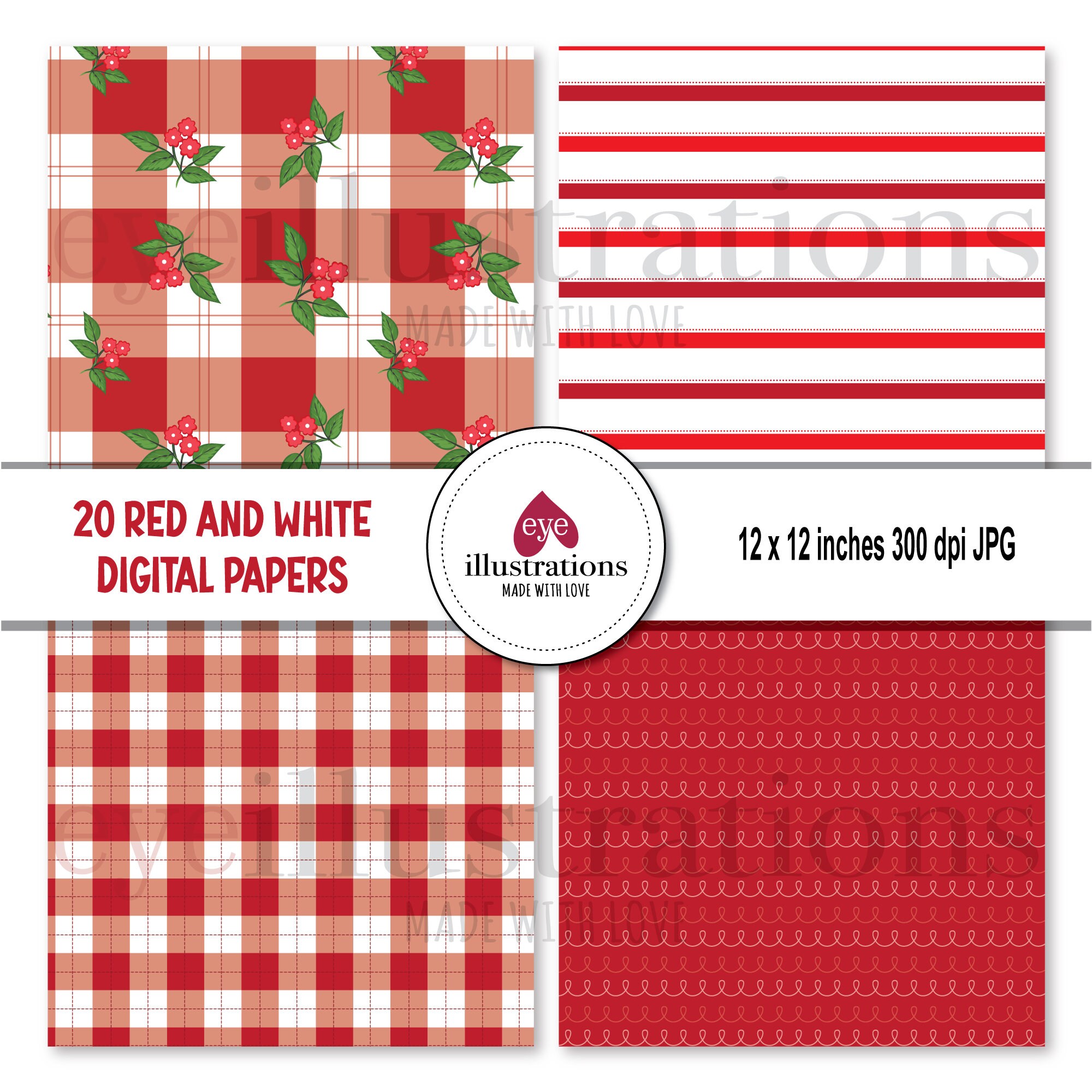 Red and White Gingham Digital Paper Pack, Farmhouse Cottage Digital ...