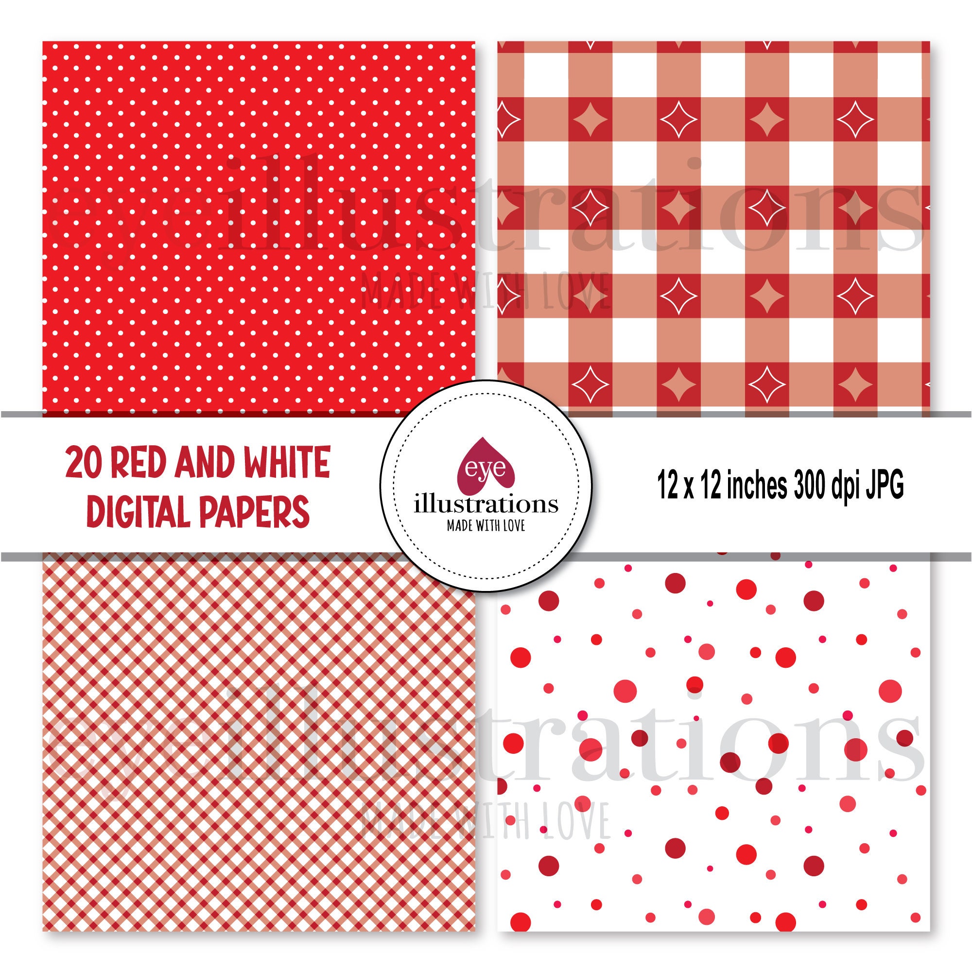 Red and White Gingham Digital Paper Pack, Farmhouse Cottage Digital ...
