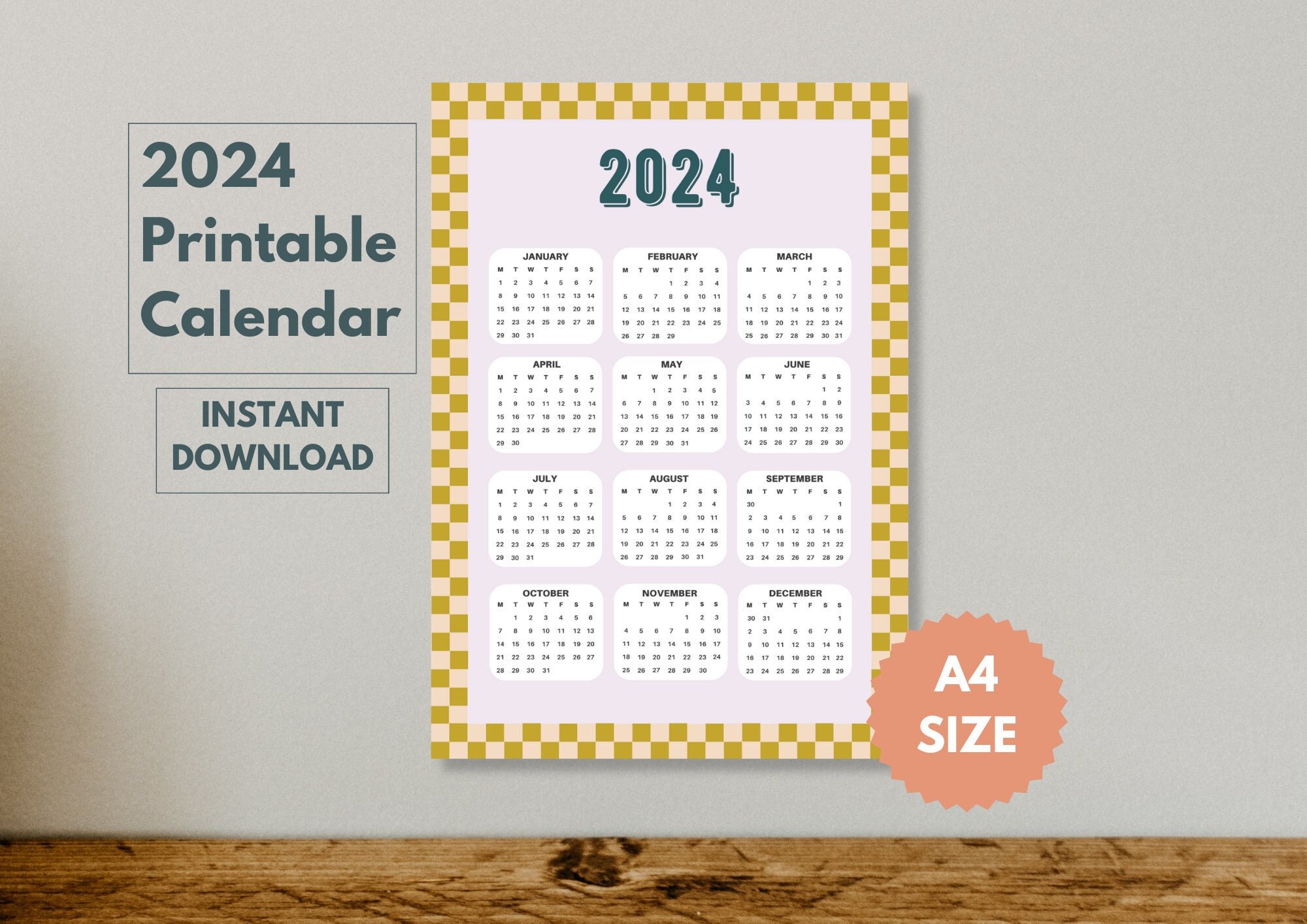 Printable 2024 Wall Calendar, 2024 Printable Calendar, A4 Size ...