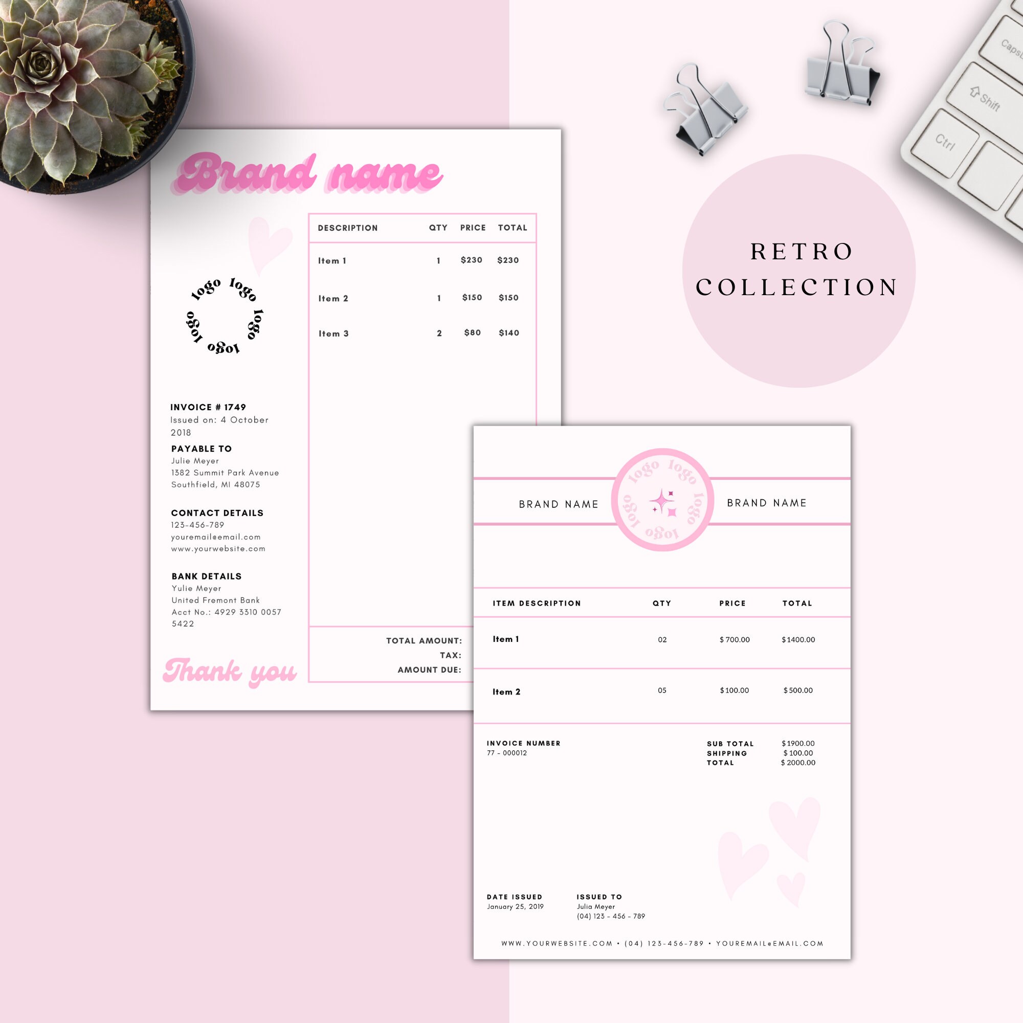 Business Invoice Template Pink DIY Printable Canva Invoice - Etsy