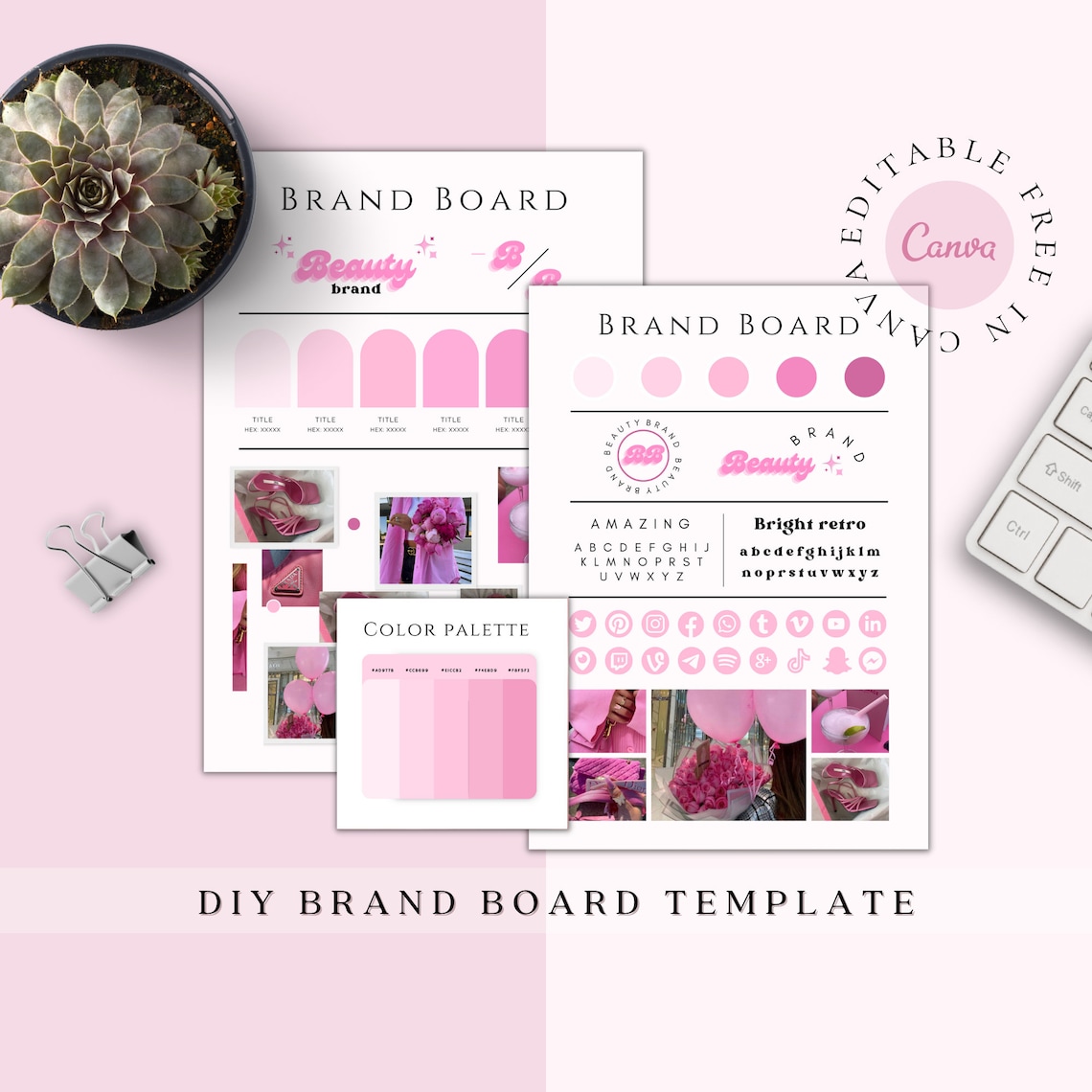 Editable Brand Board Template Canva, Retro Branding Kit, Pink Mood ...