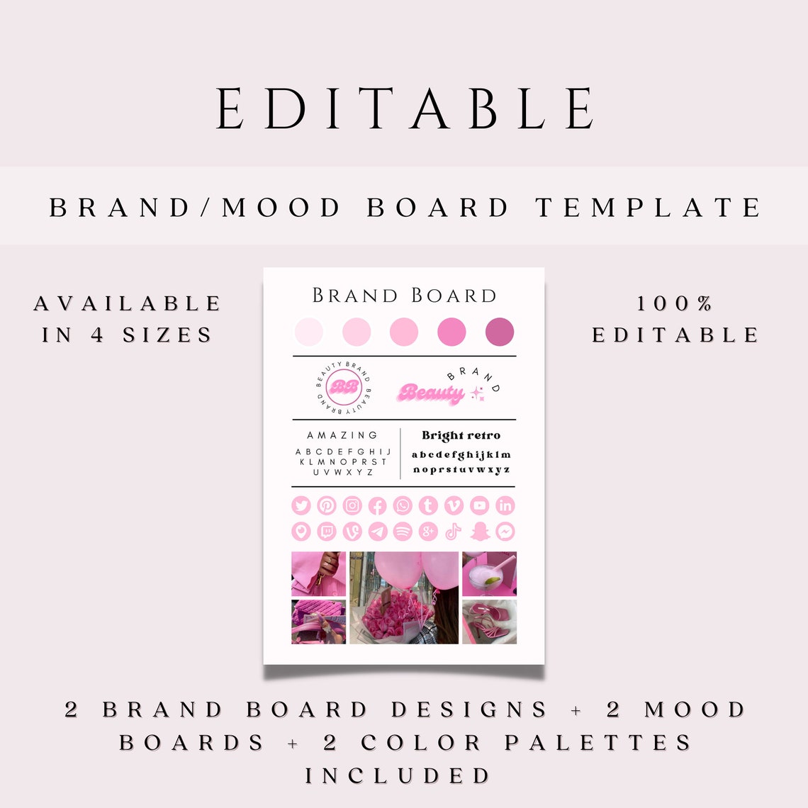 Editable Brand Board Template Canva, Retro Branding Kit, Pink Mood ...