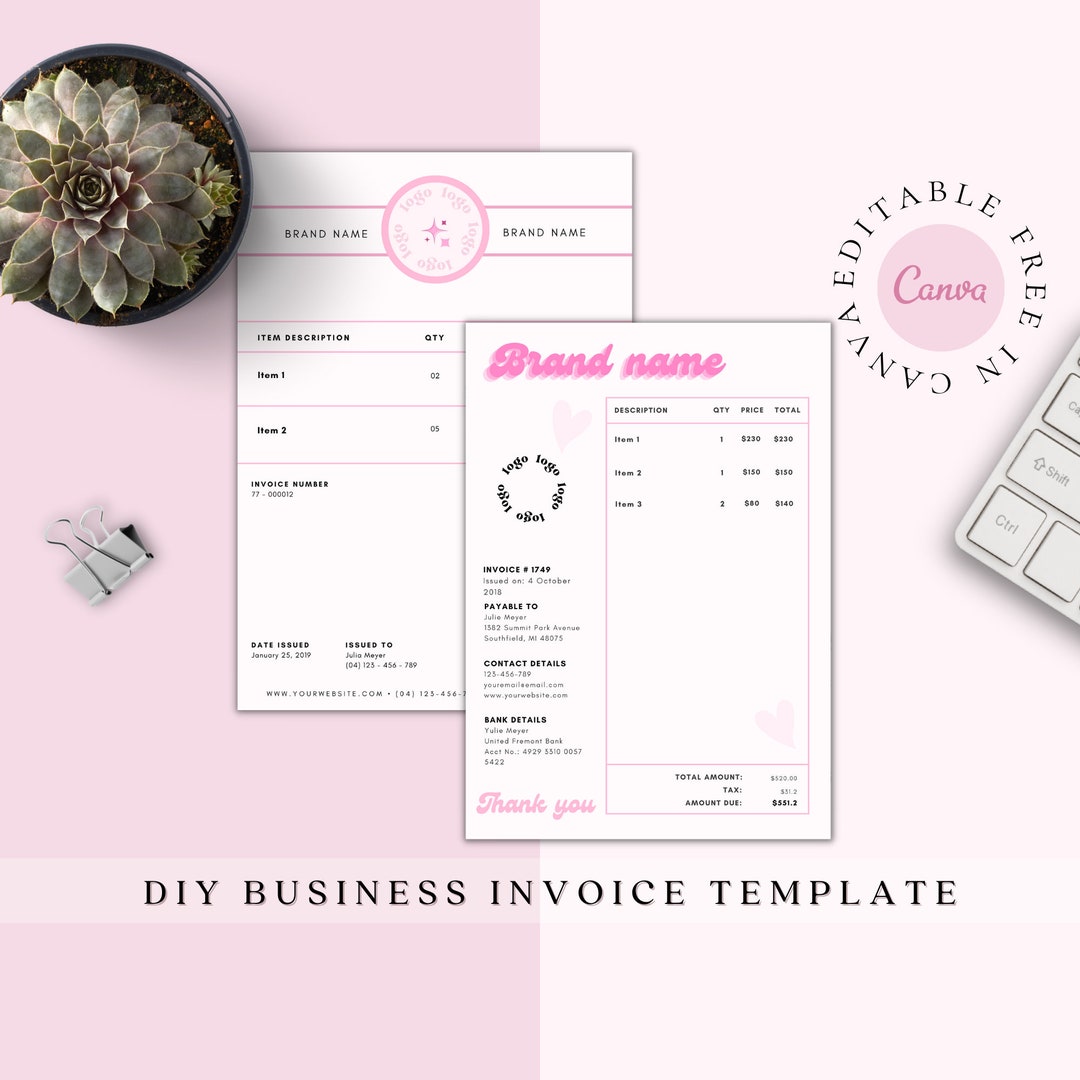 Business Invoice Template Pink DIY Printable Canva Invoice - Etsy