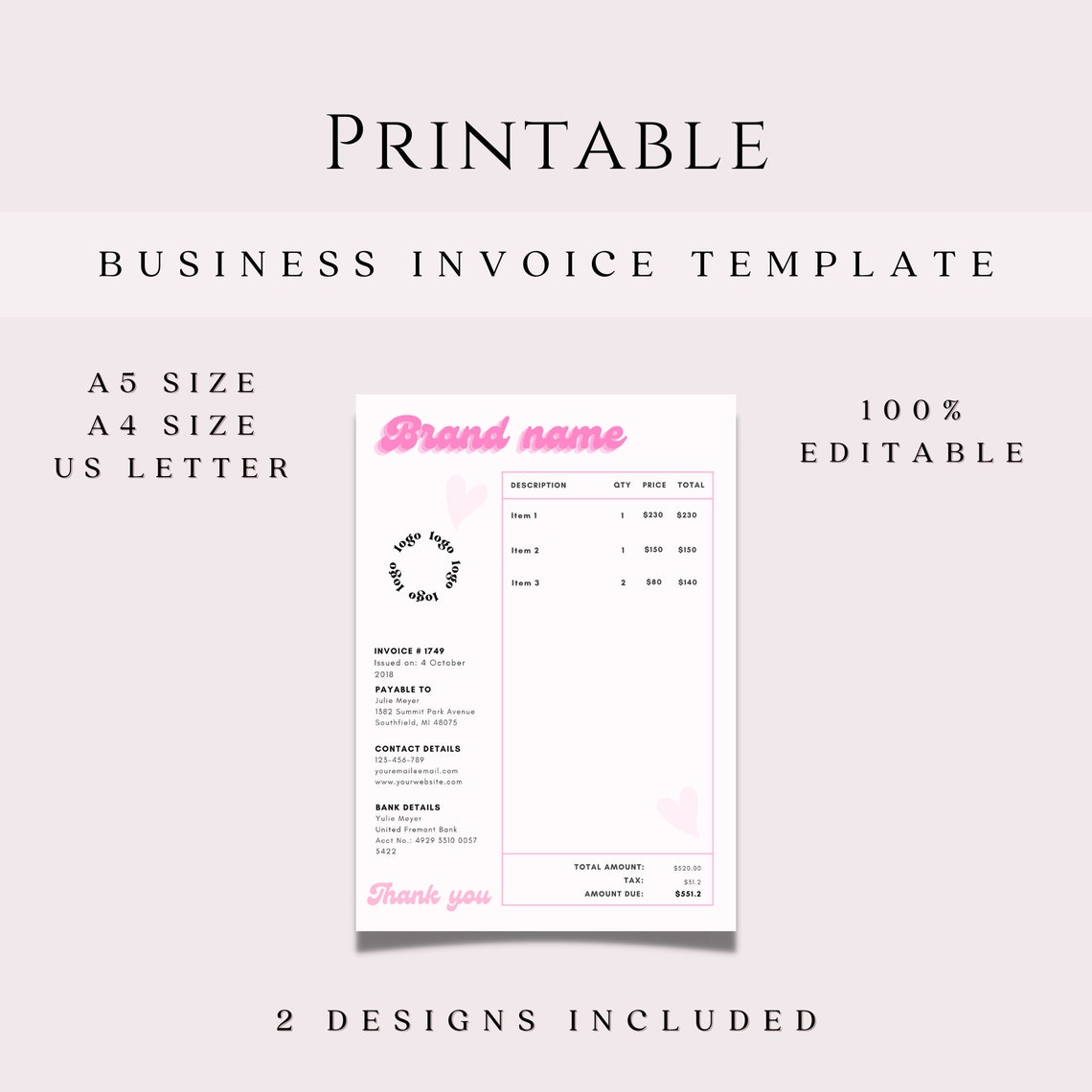 Business Invoice Template Pink DIY Printable Canva Invoice - Etsy