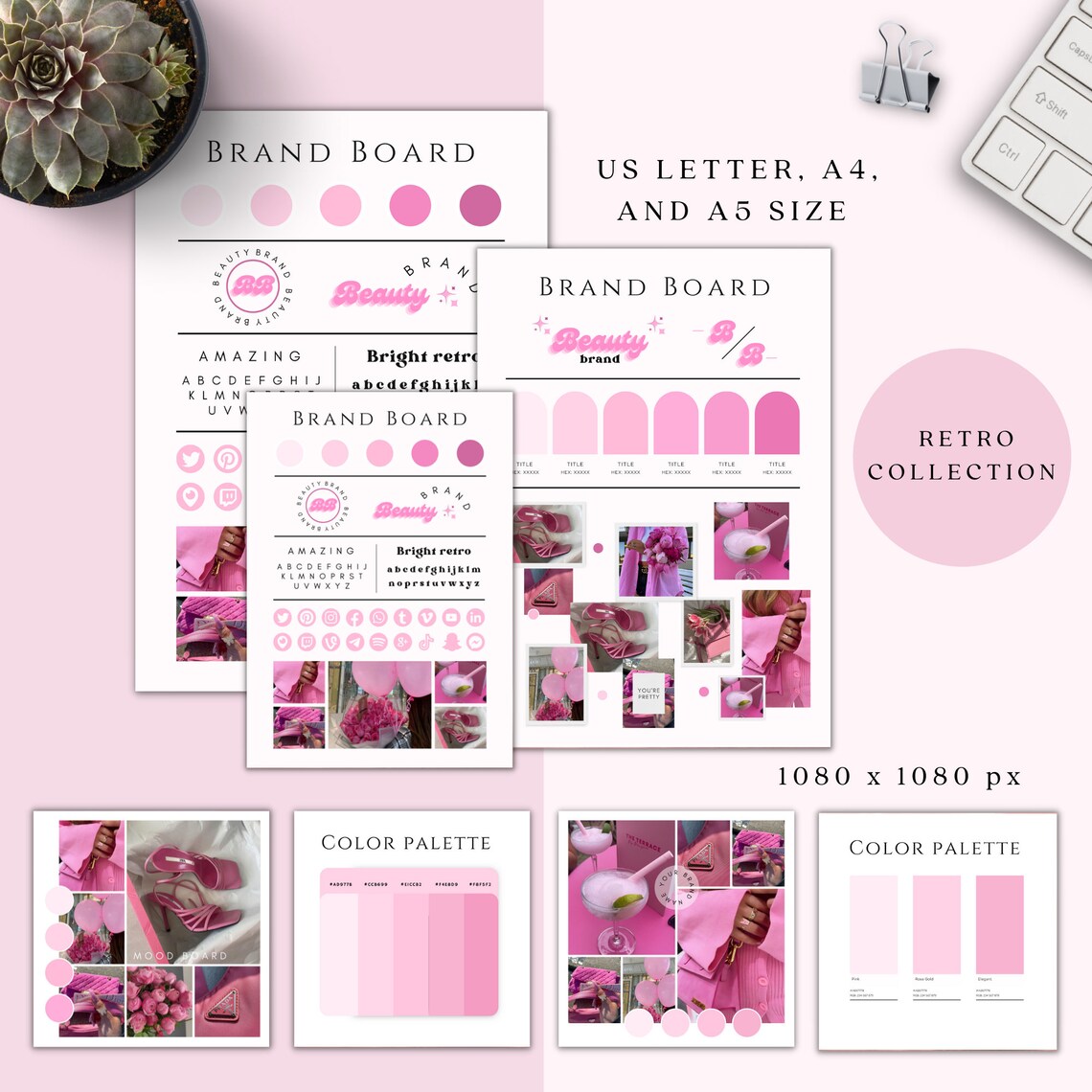 Editable Brand Board Template Canva, Retro Branding Kit, Pink Mood ...