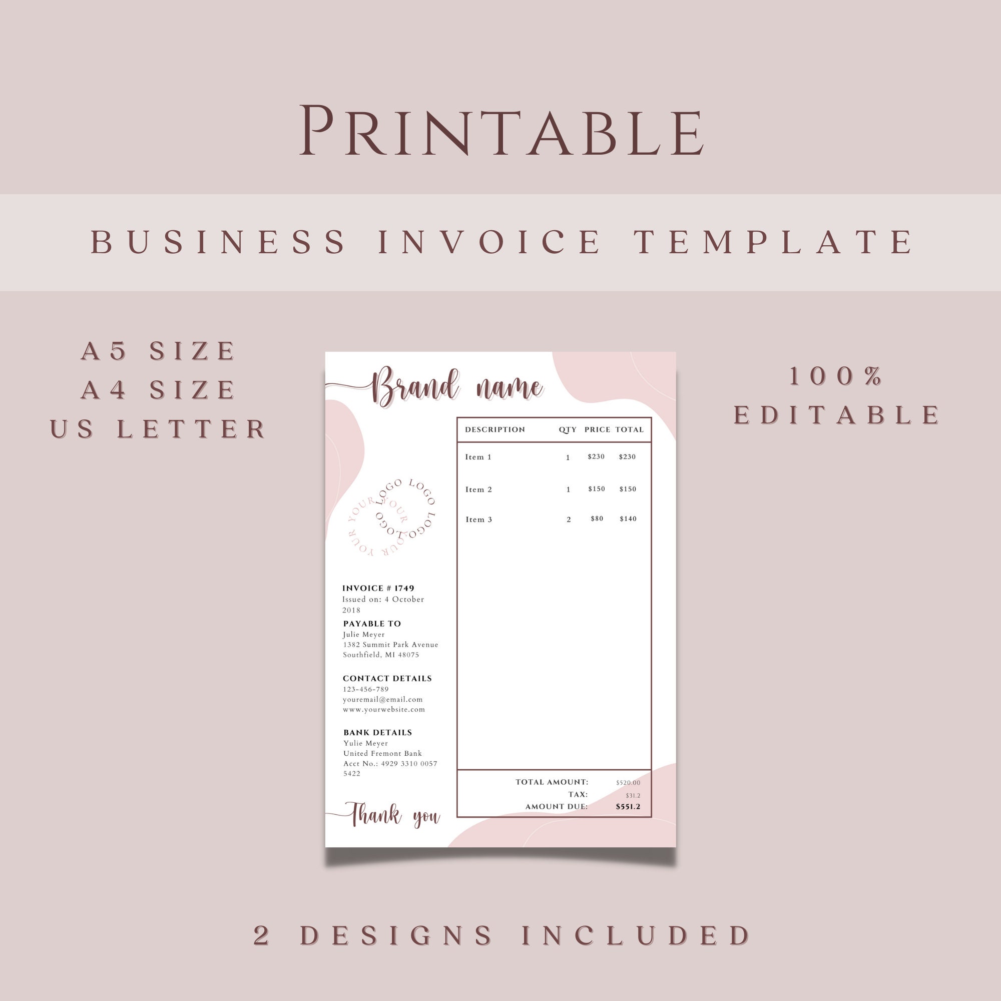 Business Invoice Editable Template, Printable Order Form, Digital ...