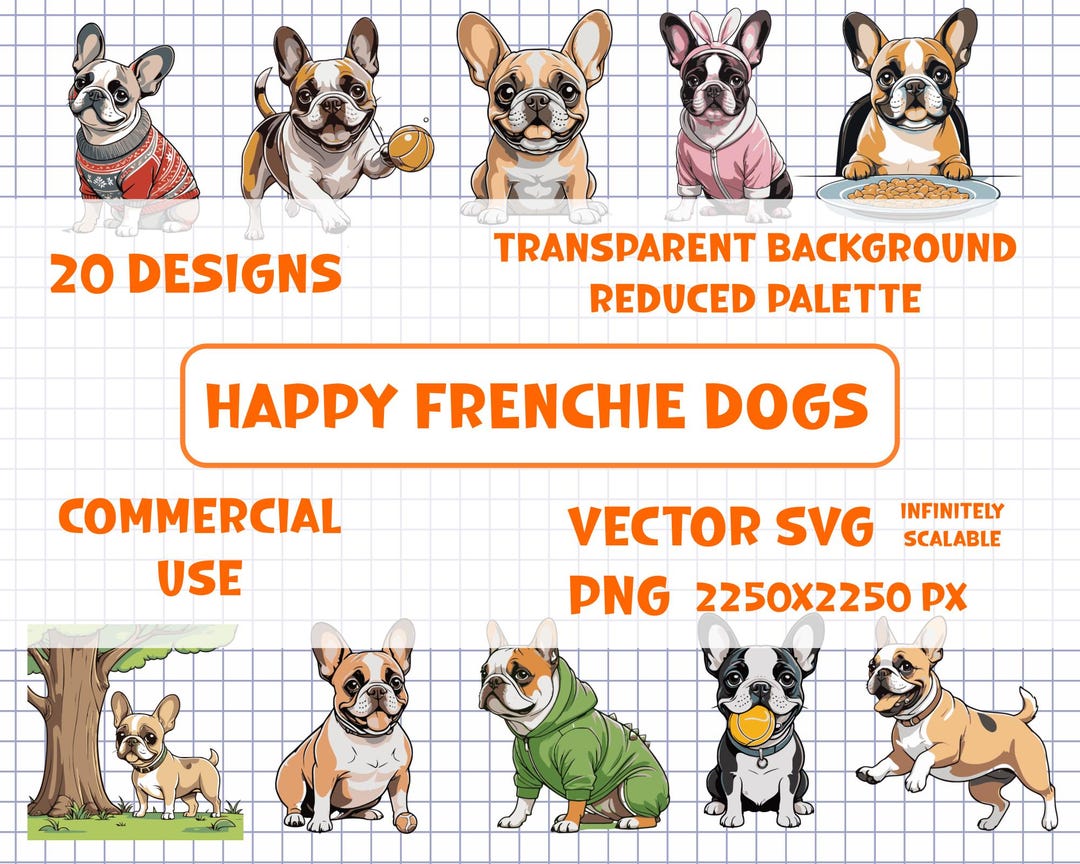 Happy Frenchie Dogs - Vector SVG Clipart, 20 Reusable Images for ...