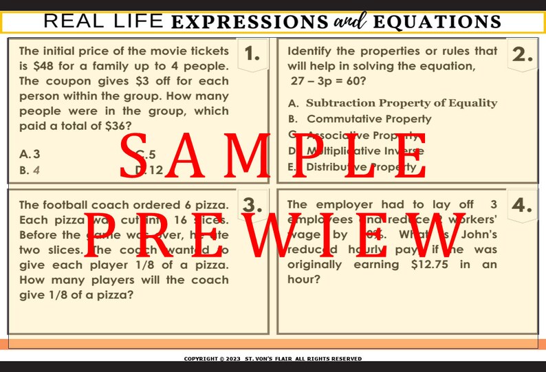 Real Life Expressions Equations | Pre-algebra Worksheet| Equivalency ...