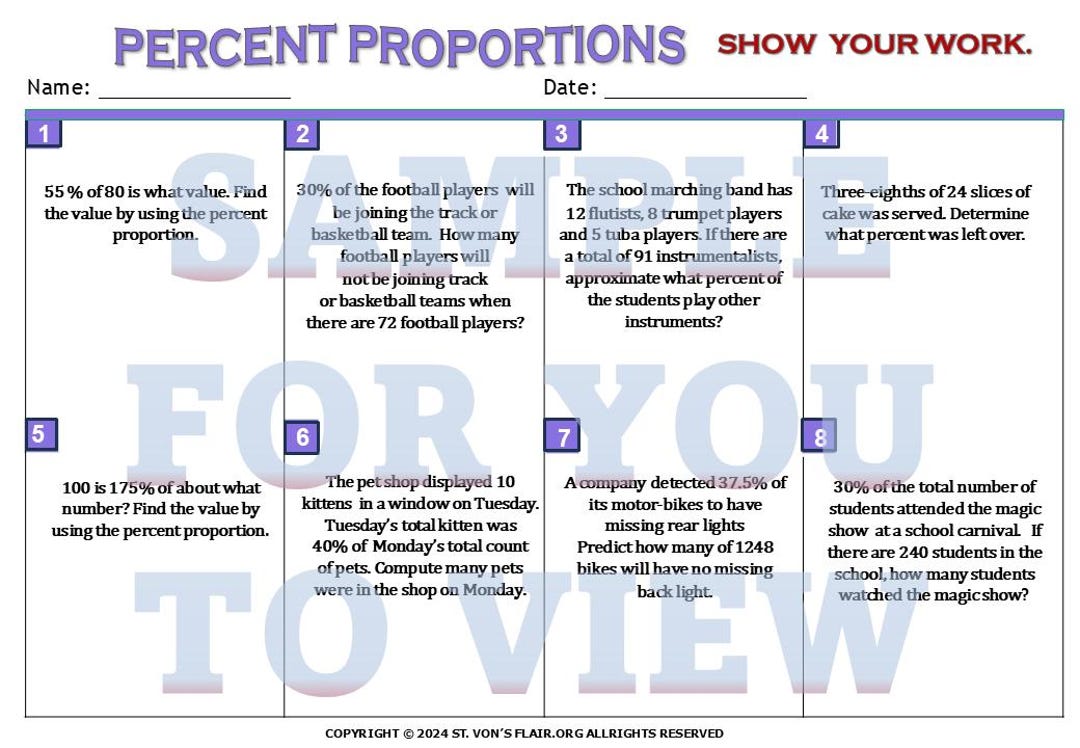 Percent Proportion Word Problems | 5th-9th Grade Math (printable ...