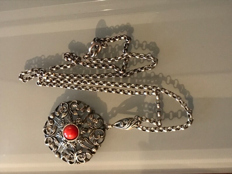 835 Silver Necklace With Pendant Red Coral Old Vintage Silver Jewelry ...
