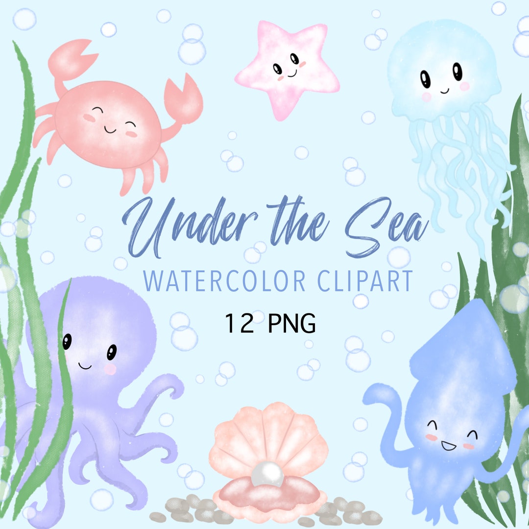 Clipart PNG 12 Files DPI 300. Watercolor Clipart Under the Sea. Cute ...
