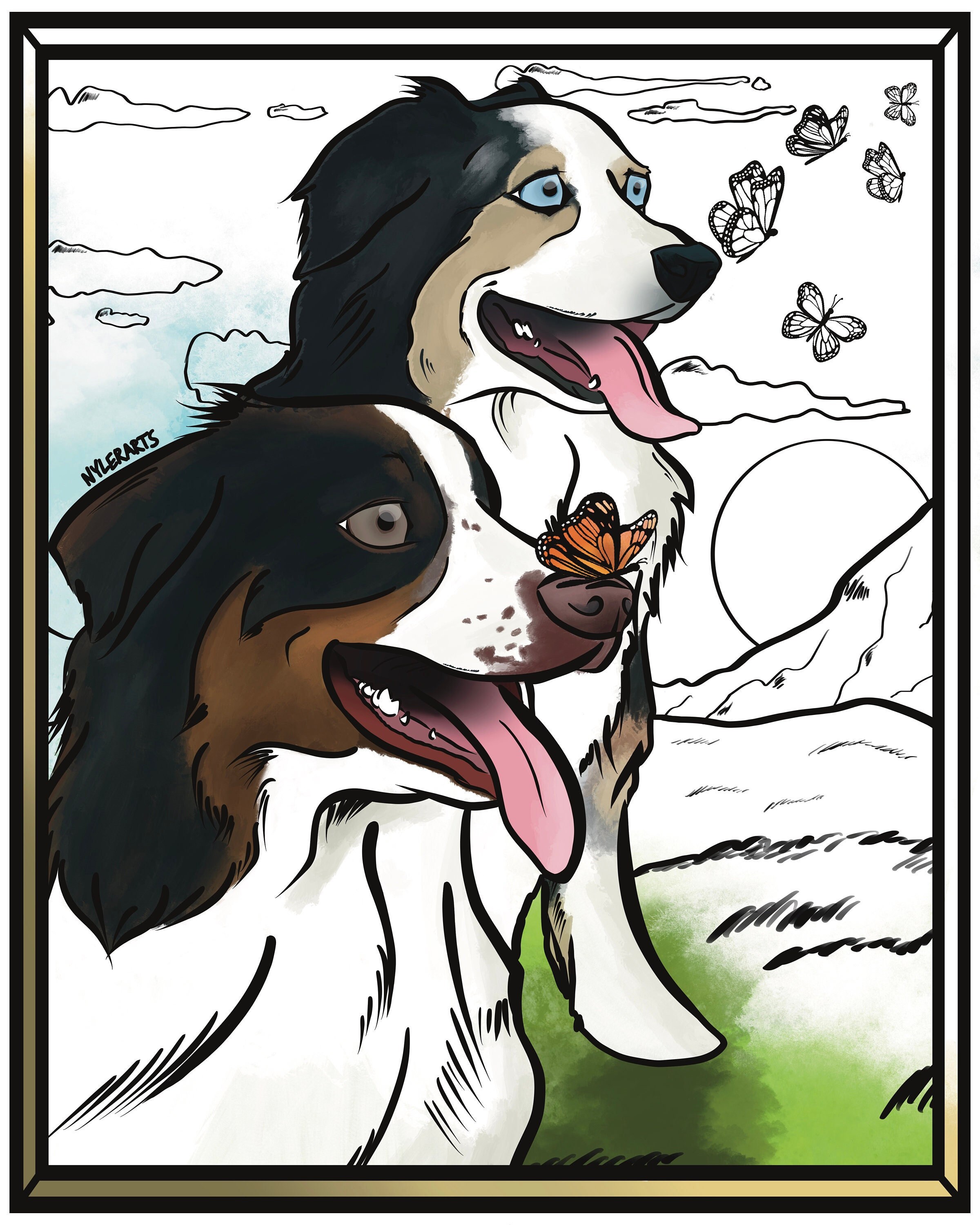 Australian Shepherds and Butterfly Coloring Page - Just Download and ...