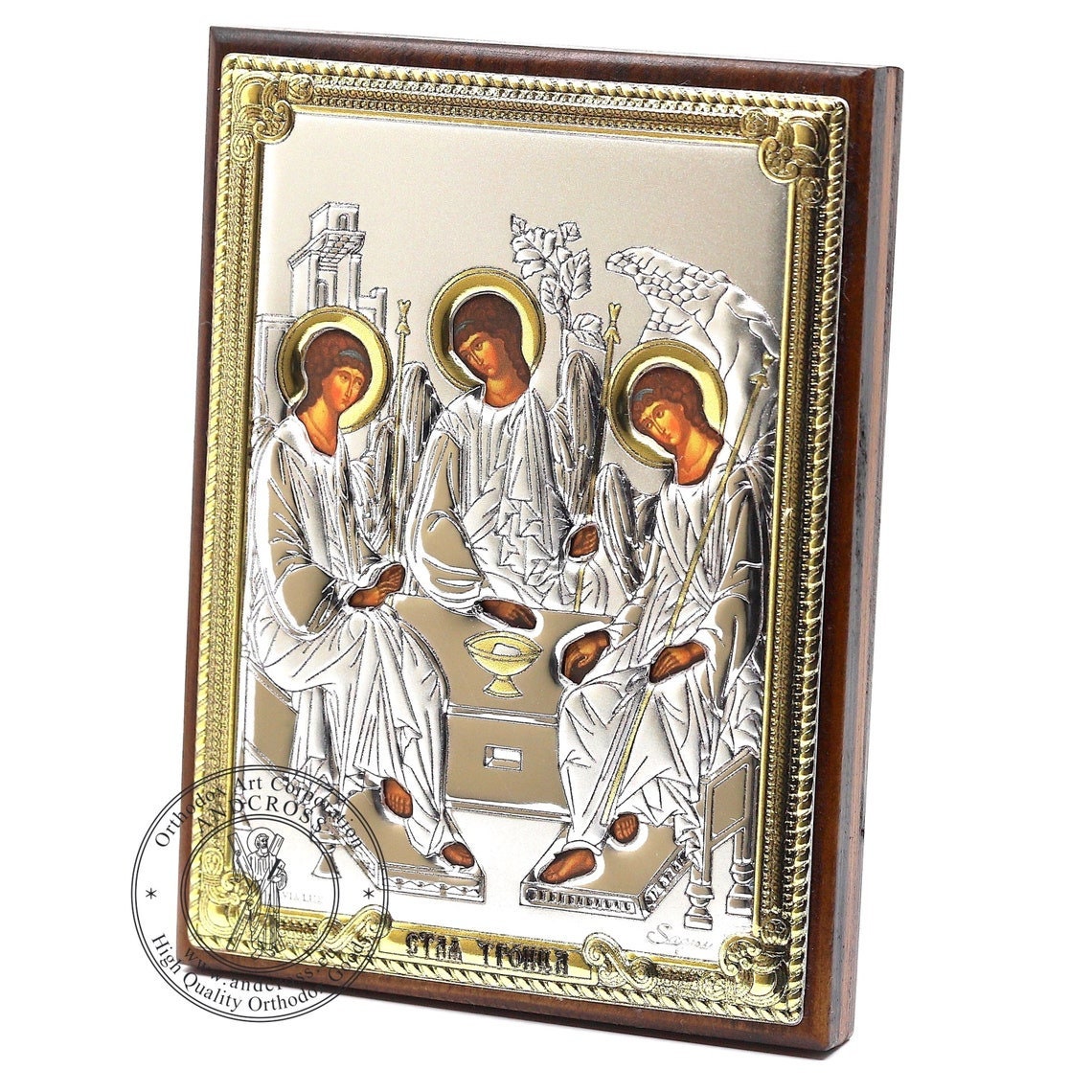 Wooden Orthodox Icon Holy Trinity. Silver Plated .999 Oklad ( 3.1" X 4. ...