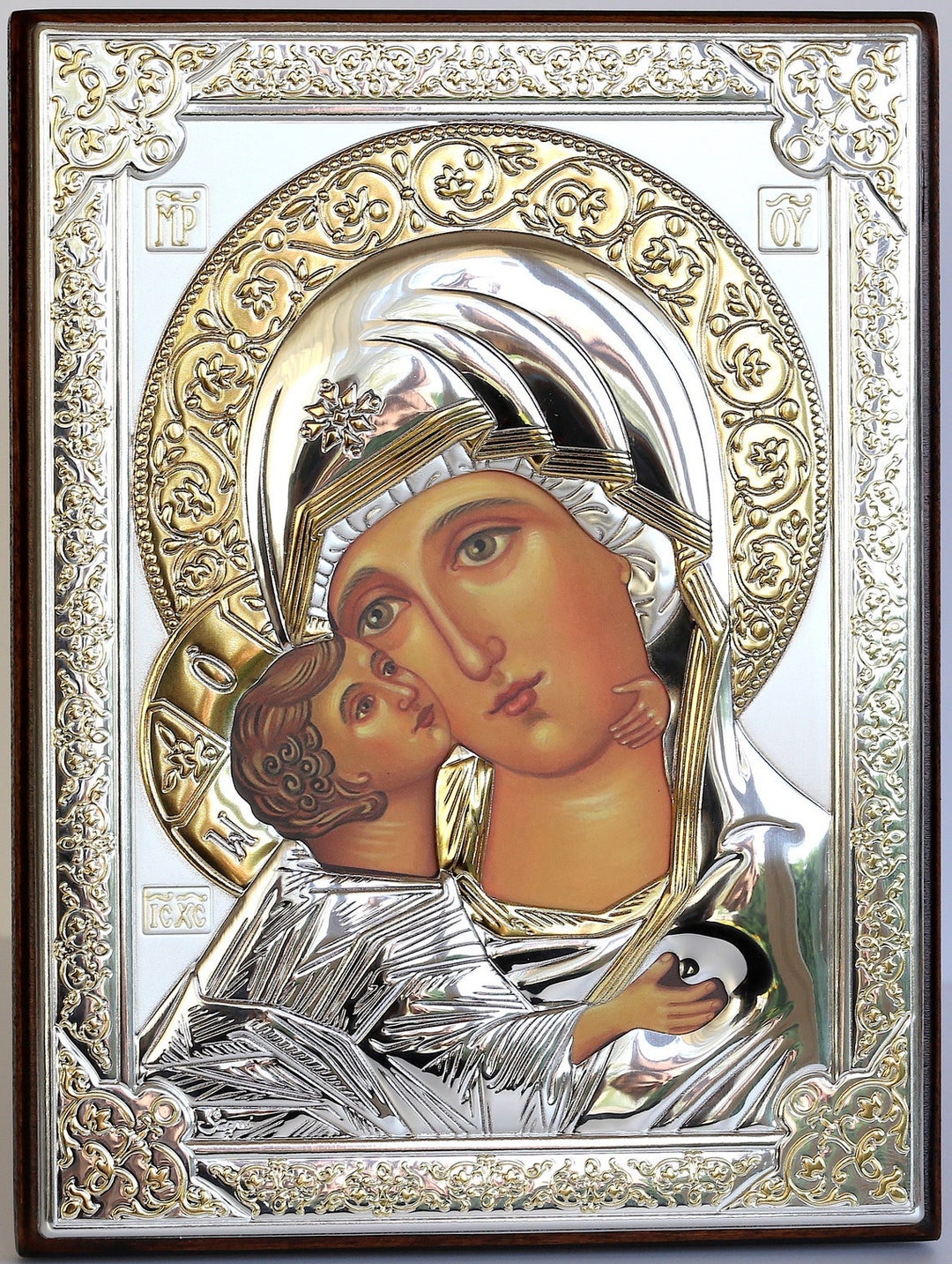 Handmade Wood Orthodox Icon Mother of God Vladimir. Silver Plated .999 ...