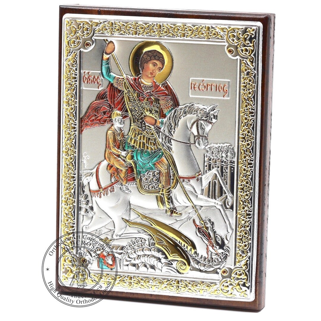 St. George Warrior. Wooden Orthodox Icon Silver Plated .999 Riza ( 3.1 ...