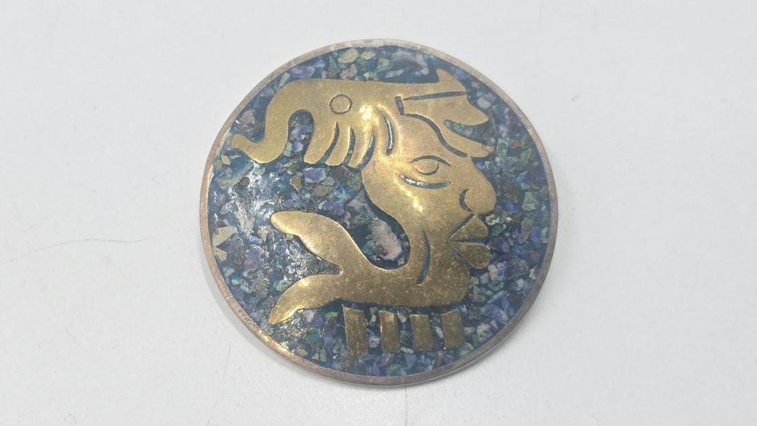 Estate Sterling Silver Sodalite, Lapis Lazuli, & Turquoise Brass Mayan ...