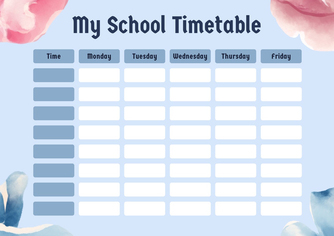 Easy Editing and Printable School Timetable for Student (simple Blue ...