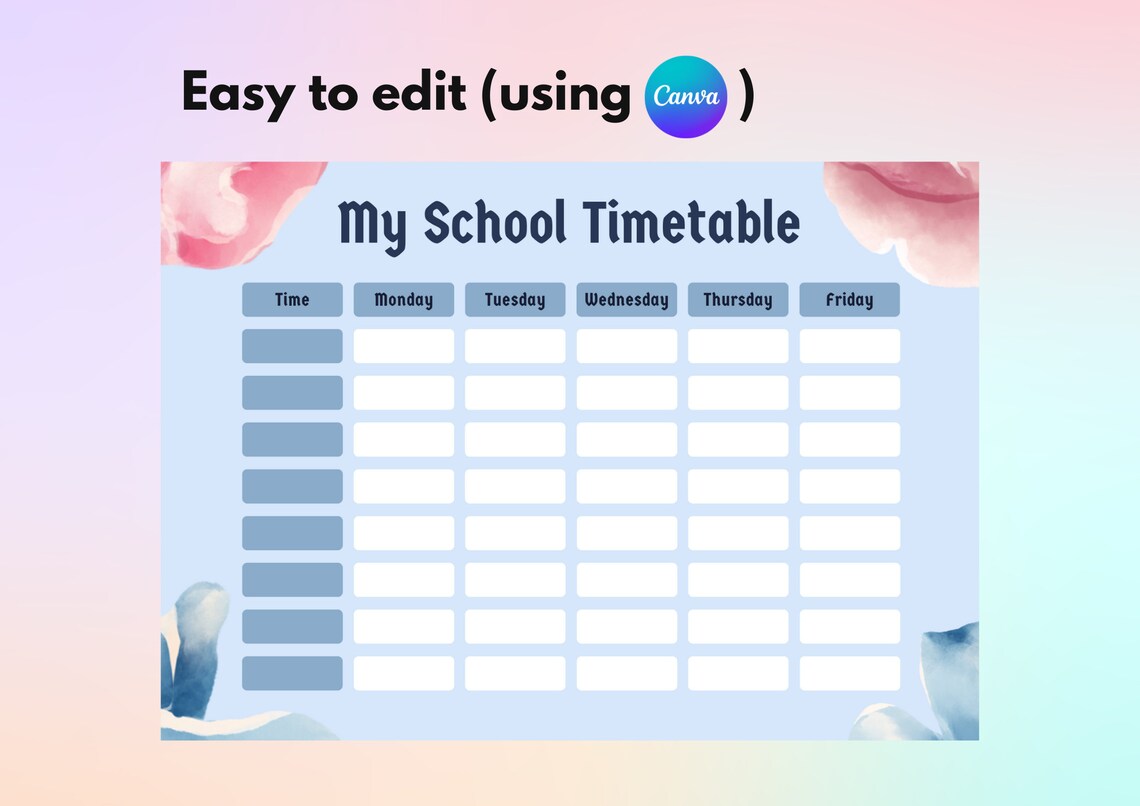 Easy Editing and Printable School Timetable for Student (simple Blue ...