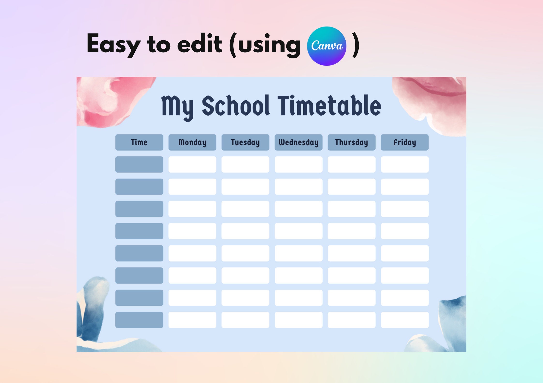 Easy Editing and Printable School Timetable for Student (simple Blue ...
