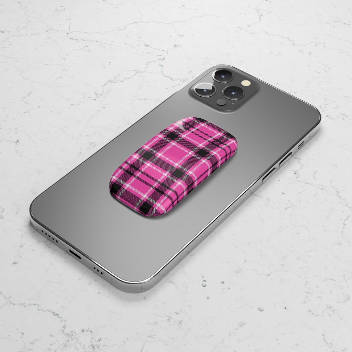 Pink, Black and White Buffalo Plaid Phone Click-on Grip, Removable ...