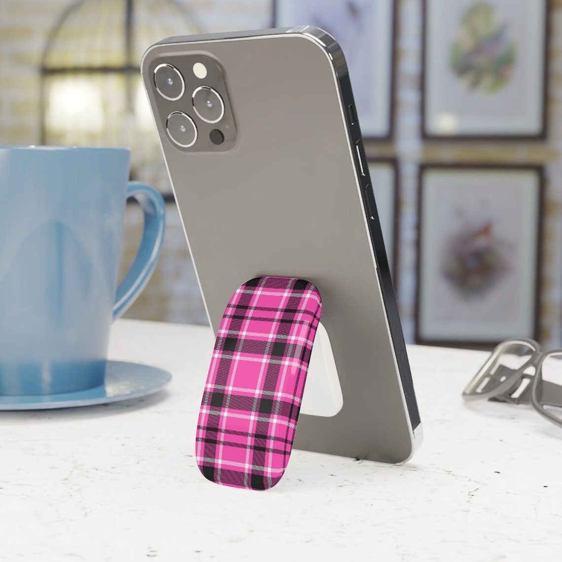 Pink, Black and White Buffalo Plaid Phone Click-on Grip, Removable ...