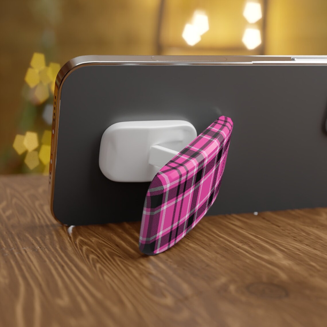 Pink, Black and White Buffalo Plaid Phone Click-on Grip, Removable ...