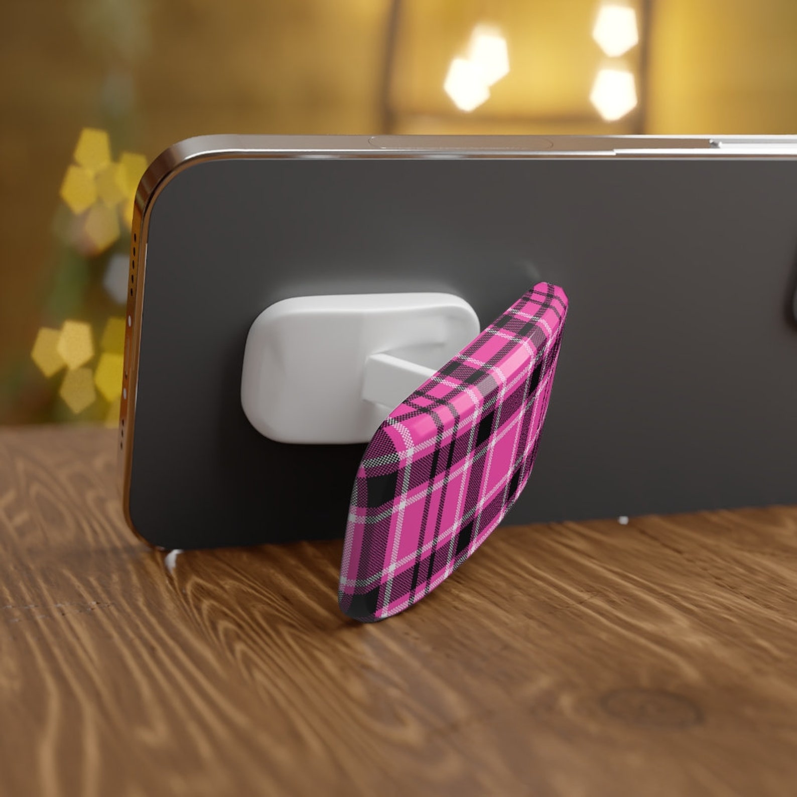Pink, Black and White Buffalo Plaid Phone Click-on Grip, Removable ...